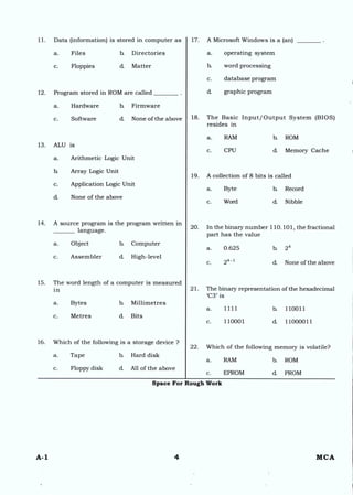 PGCET MCA 2015 Question Paper | PDF | Computing | Technology & Computing