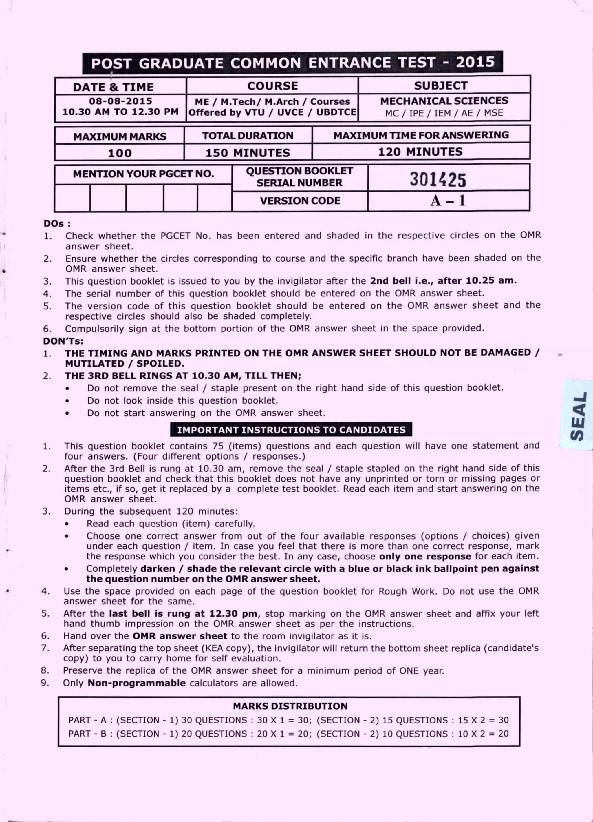PGCET Mechanical 2015 question paper | PDF