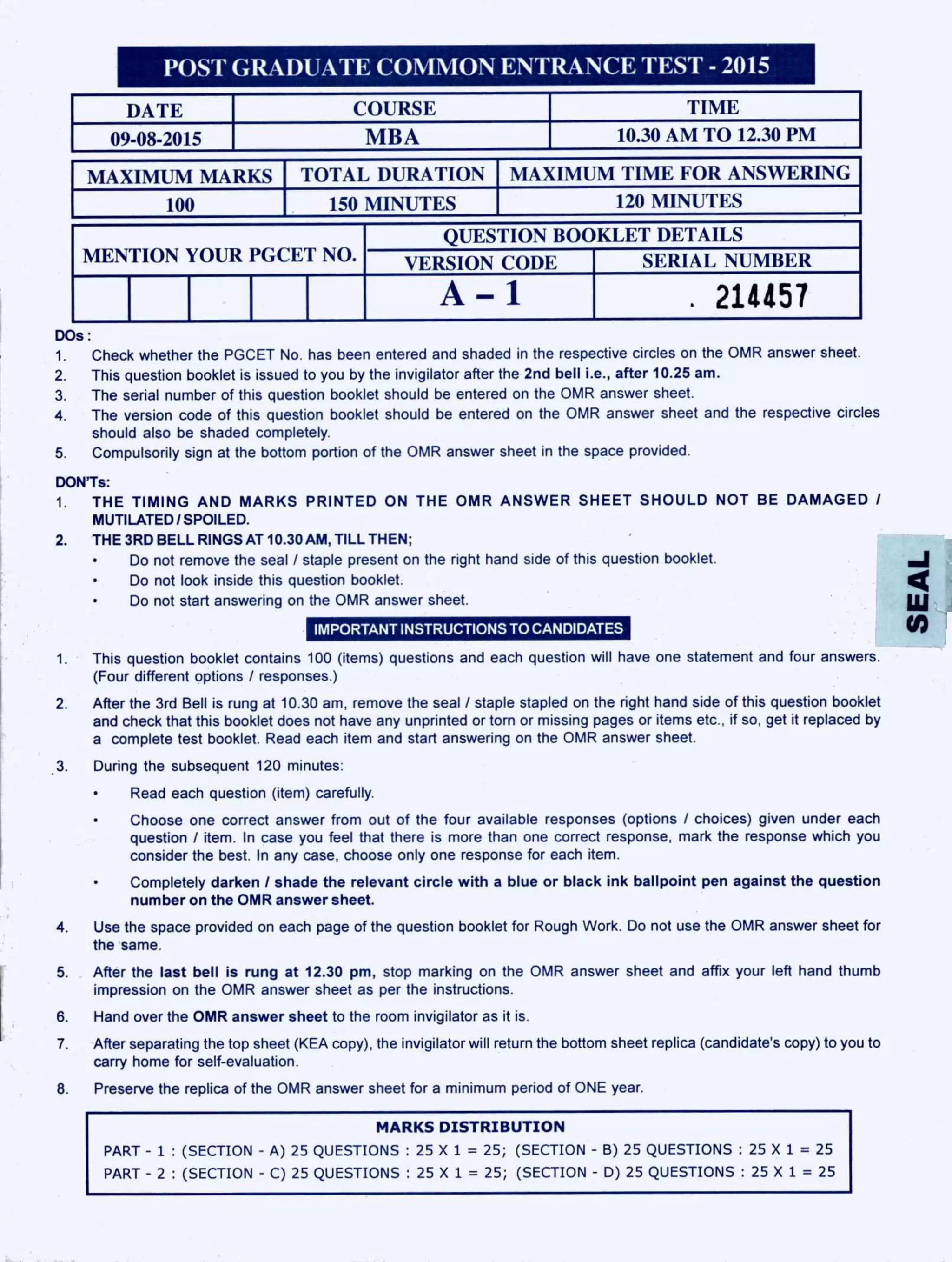 Pgcet MBA 2015 question paper | PDF