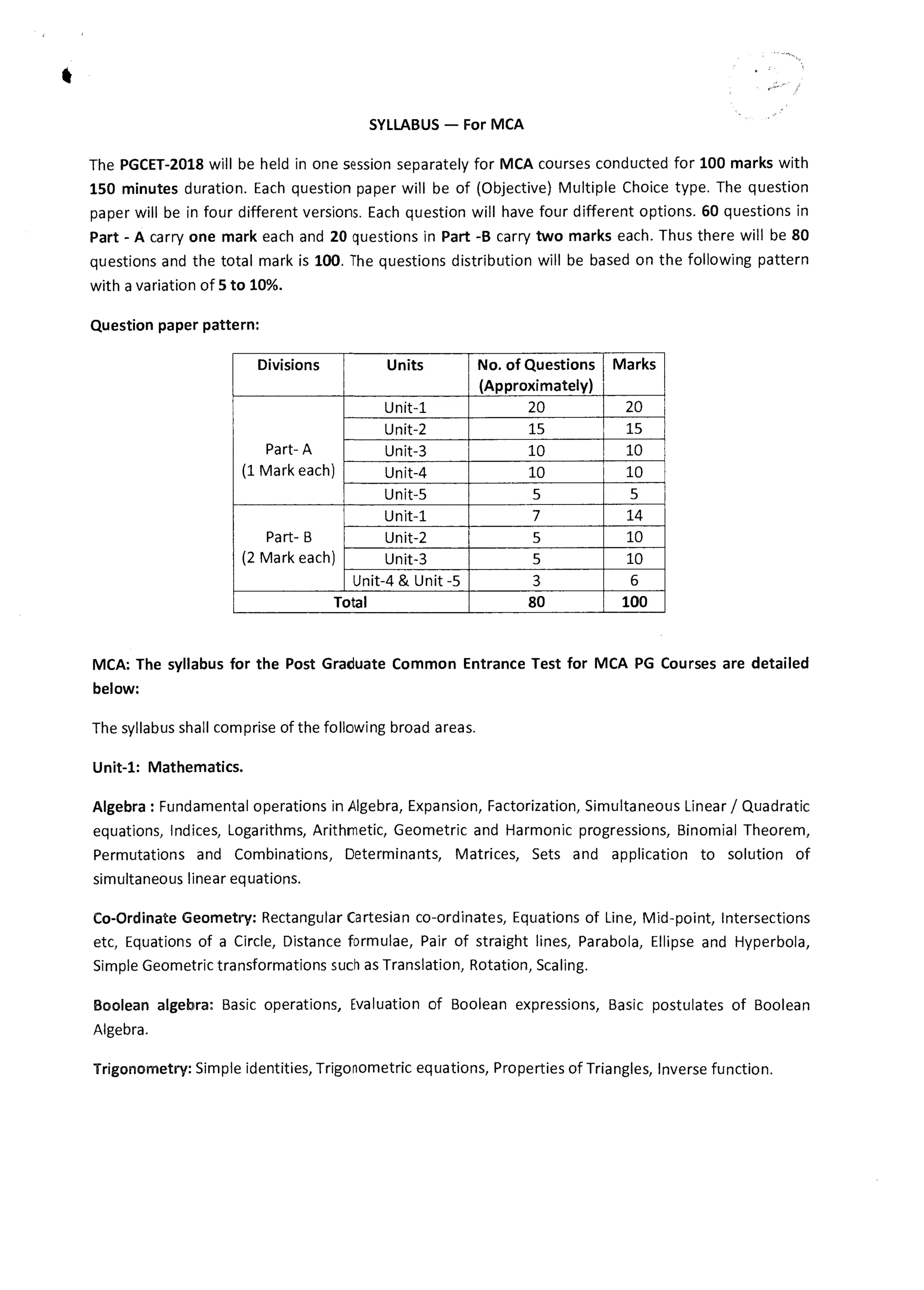 Karnataka PGCET MCA 2018 syllabus | PDF