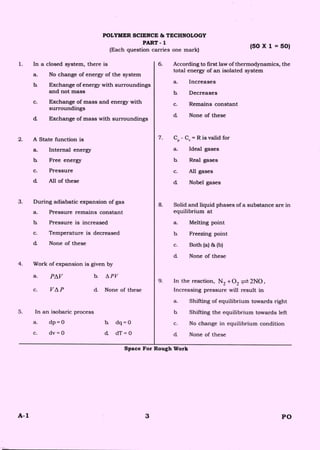 Pgcet Polymer Science 2015 question paper | PDF