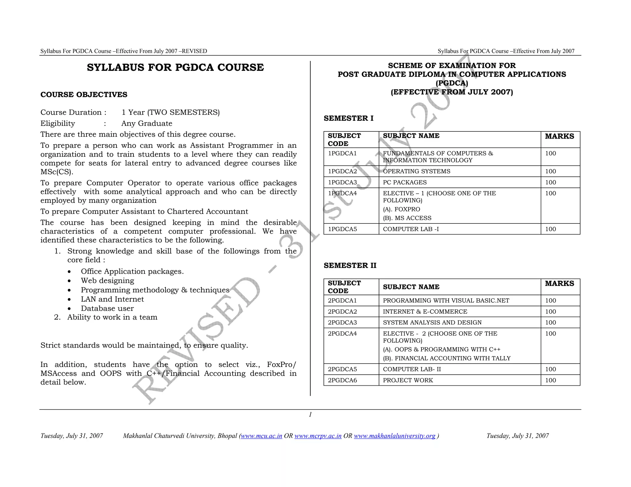 Pgdca final syllabus_2007_revised_31st_july_2007 | PDF