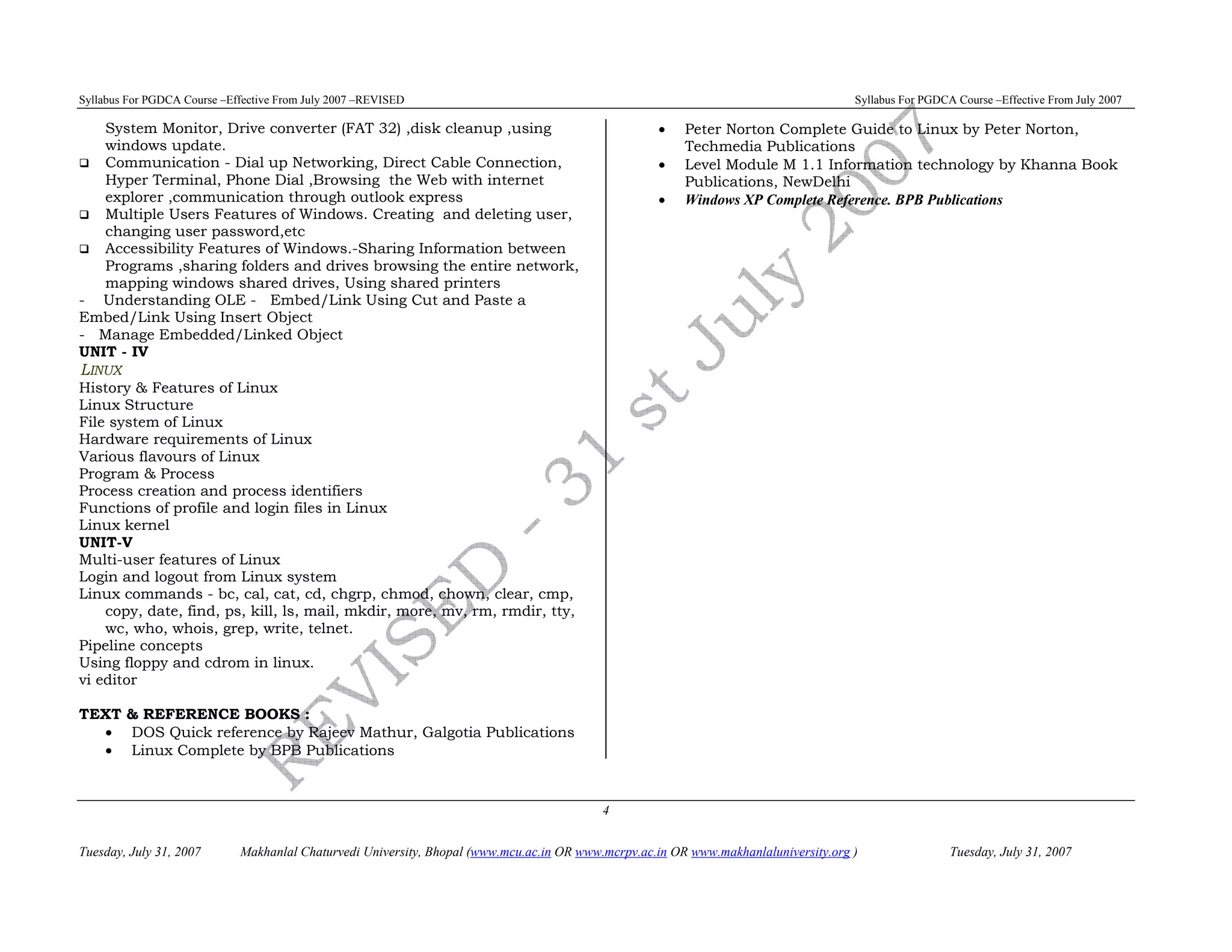 Pgdca final syllabus_2007_revised_31st_july_2007 | PDF