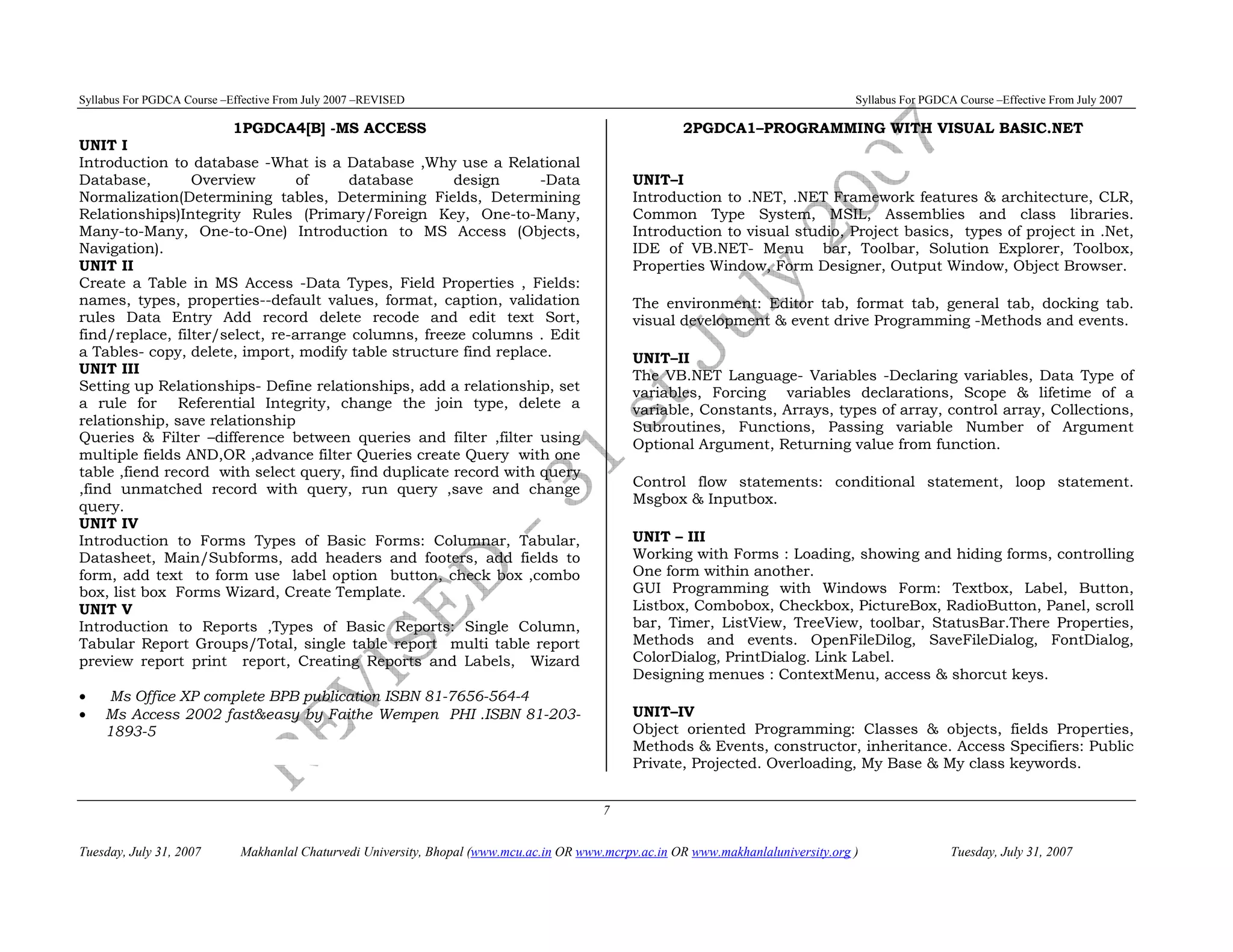 Pgdca final syllabus_2007_revised_31st_july_2007 | PDF