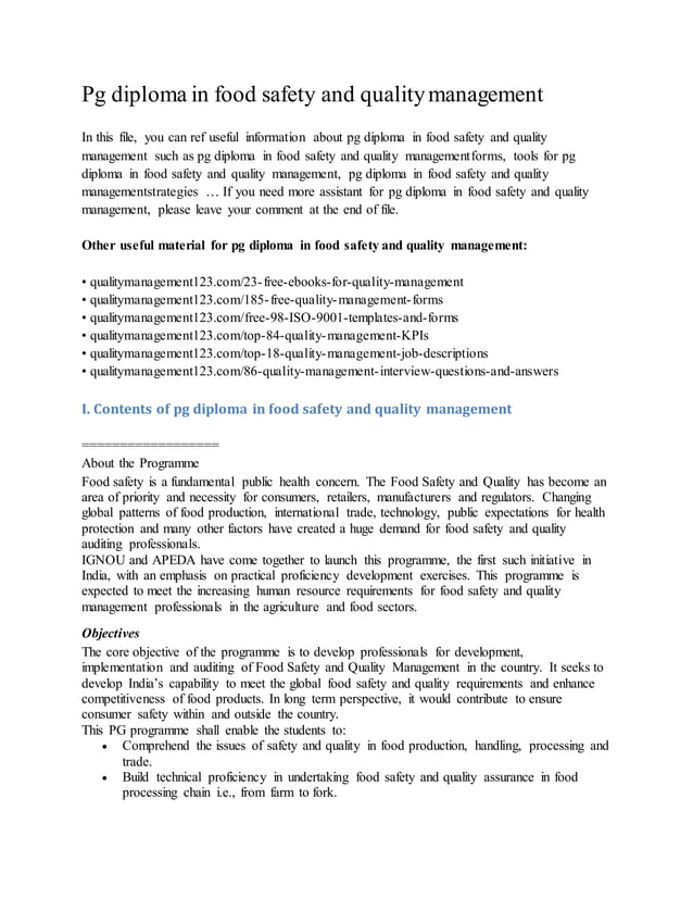 Pg diploma in food safety and quality management | DOCX | Food Industry ...