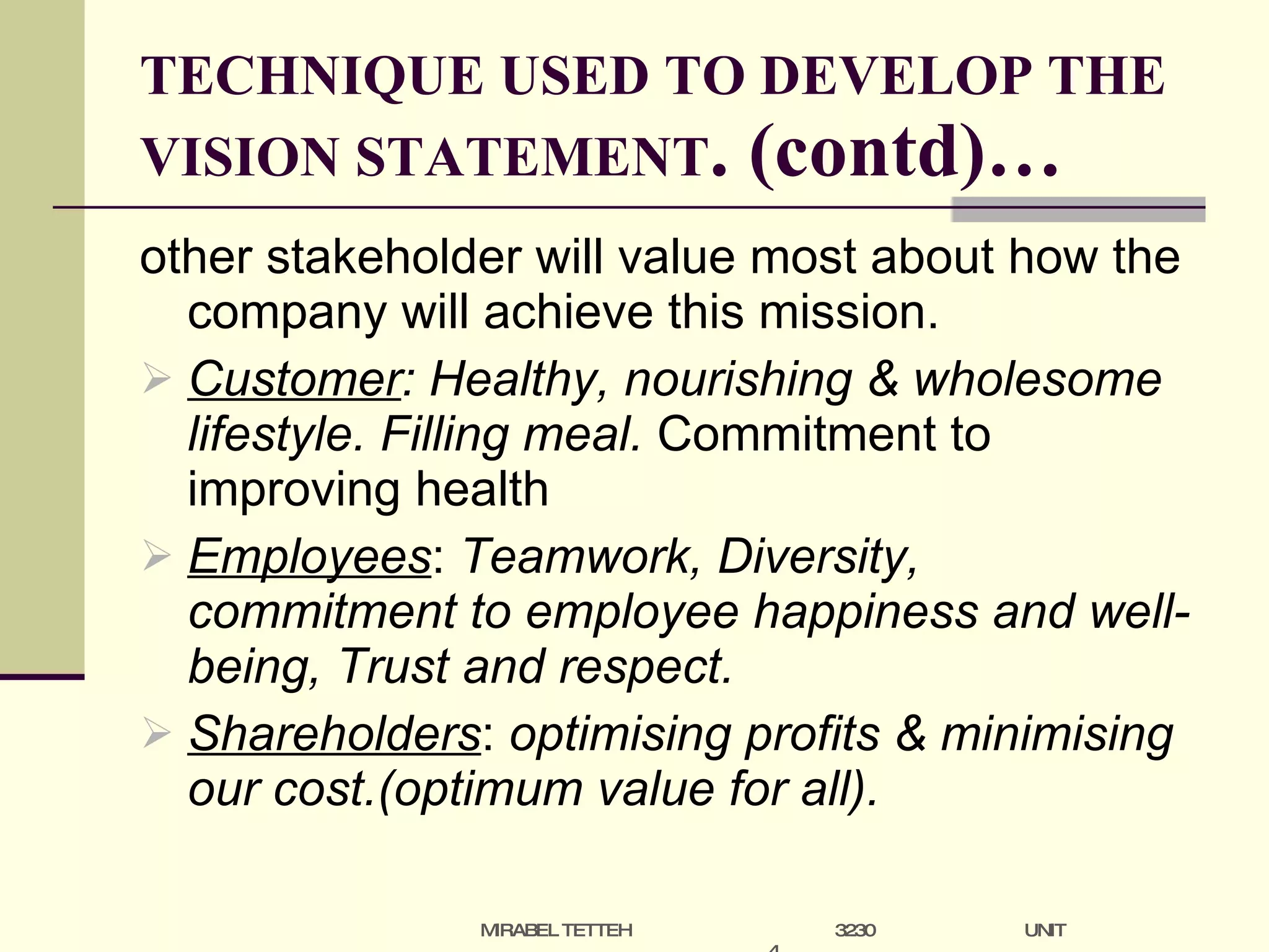 Developing a Mission and Vision Statement (A Sandwich company) | PPT