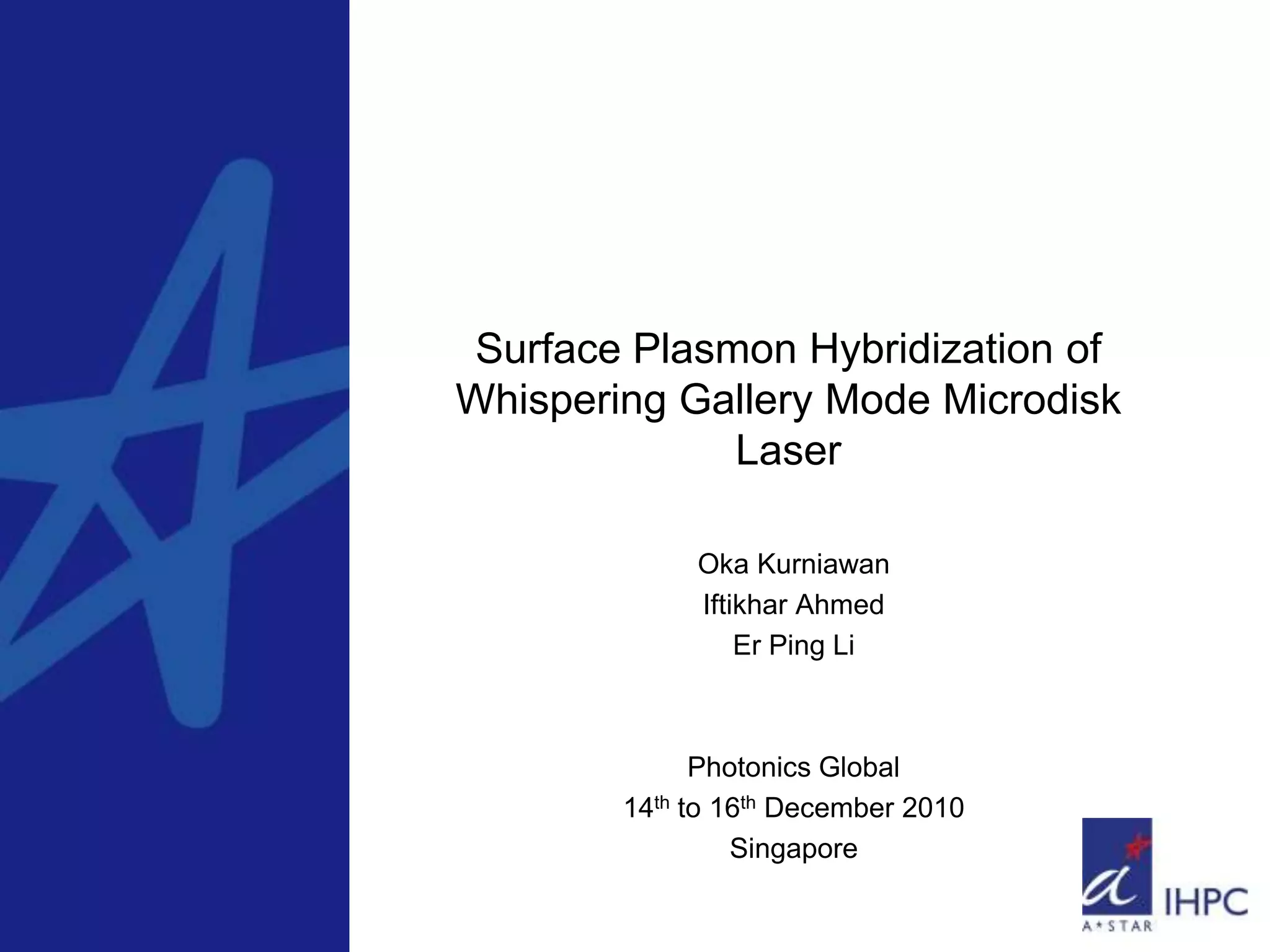 Surface Plasmon Hybridization Of Whispering Gallery Mode Microdisk Laser Ppt