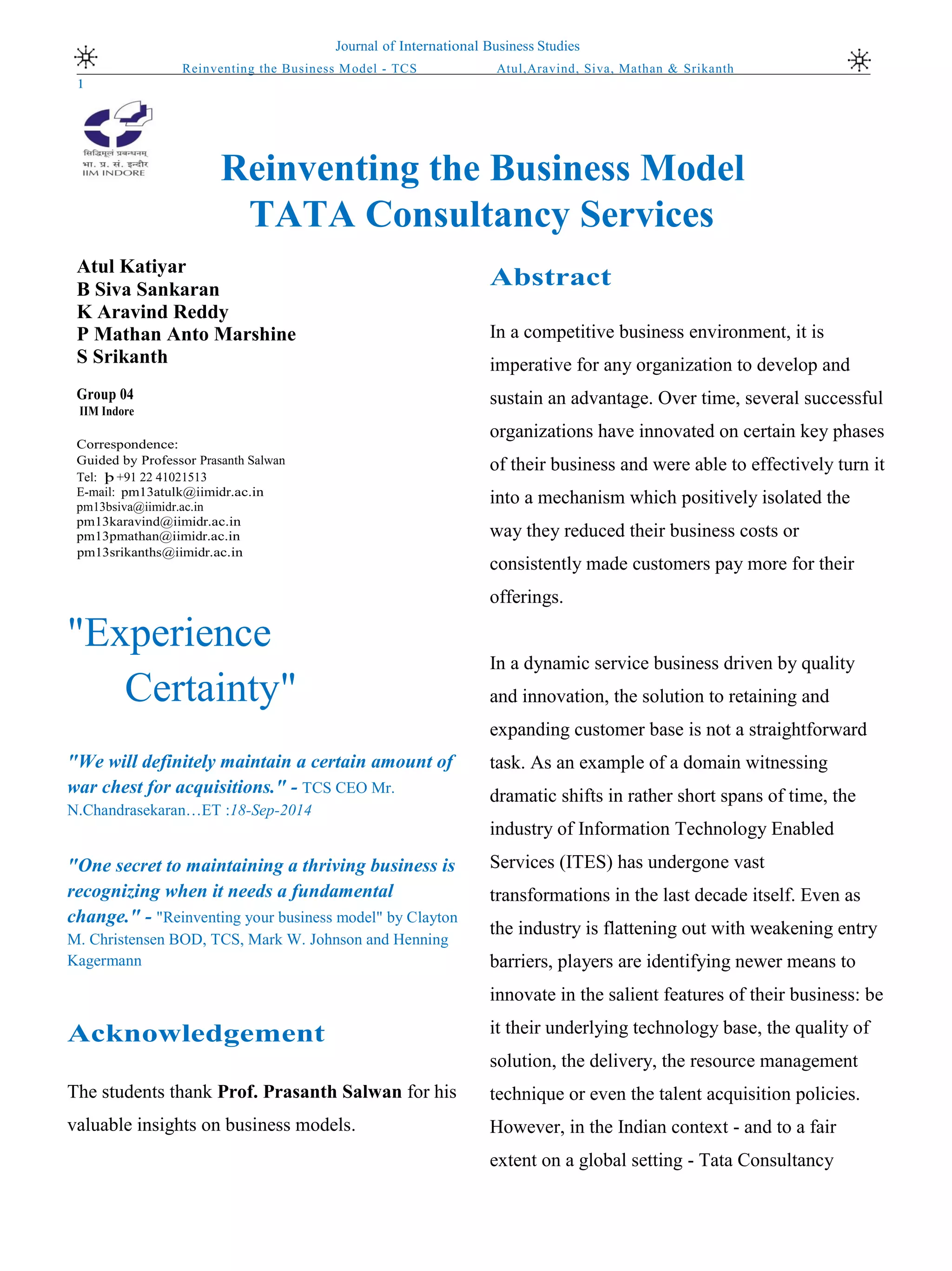 Business model of TATA Consultancy Services | PDF