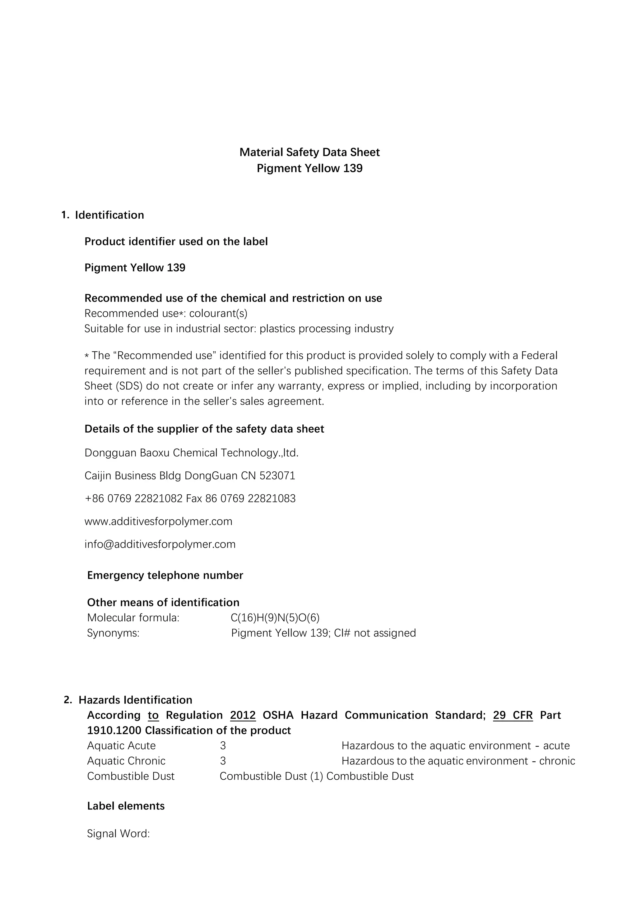 Pigment yellow 139 cas 36888 99-0 safety data sheet msds sds baoxu ...