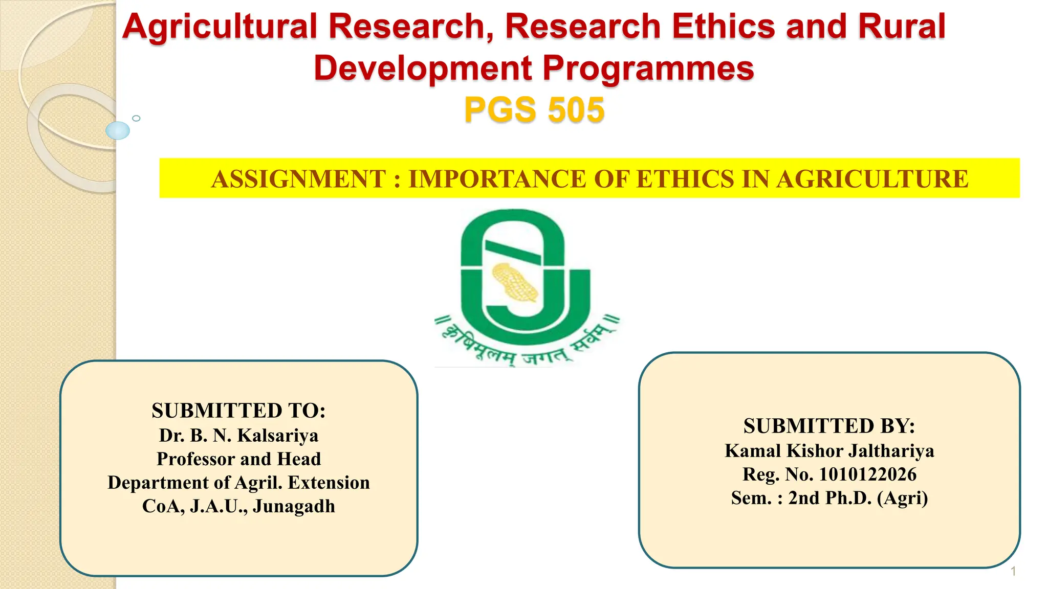 Assignment on Importance of ethics in agriculture | PPTX