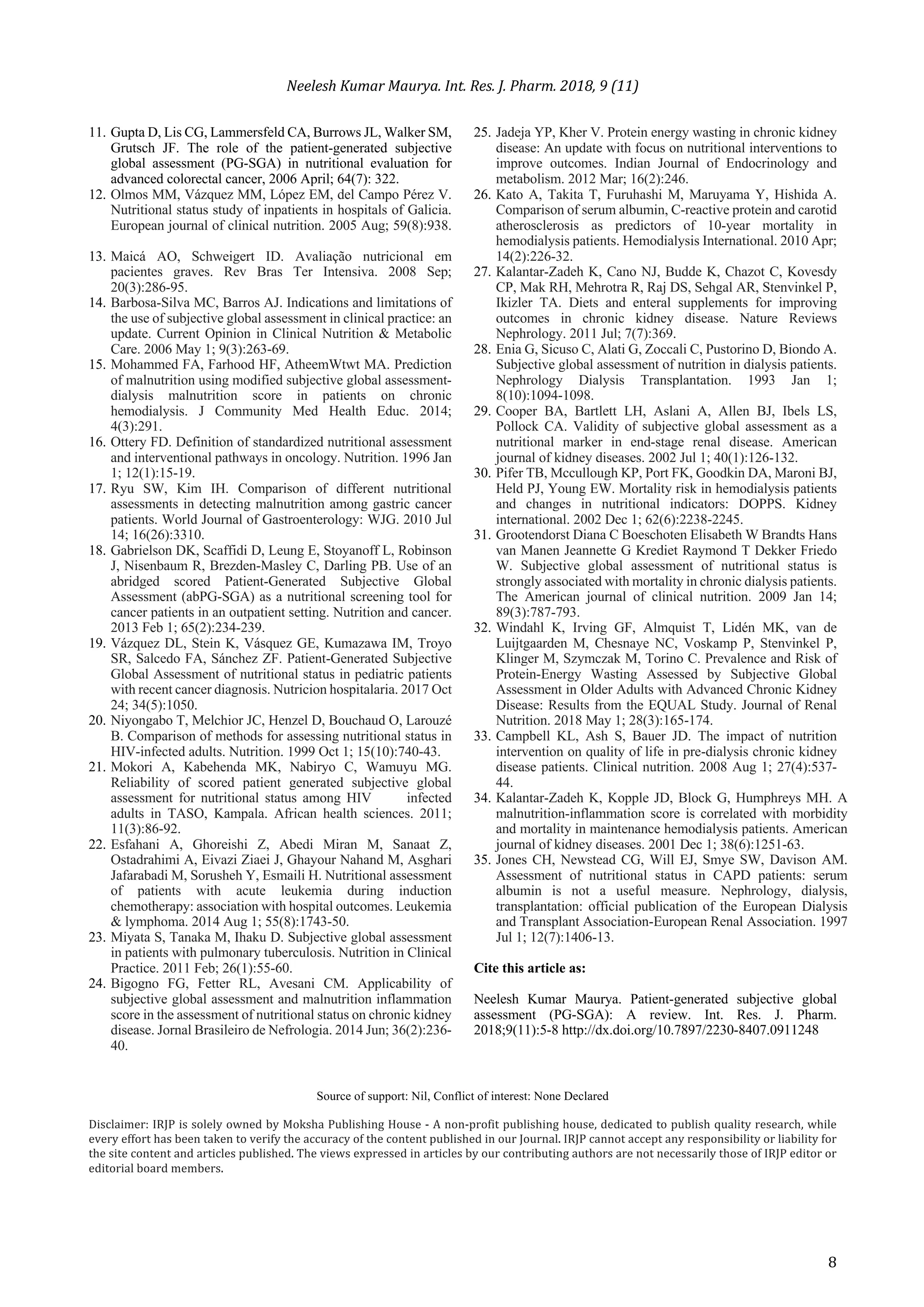 PATIENT-GENERATED SUBJECTIVE GLOBAL ASSESSMENT (PG-SGA): A REVIEW | PDF