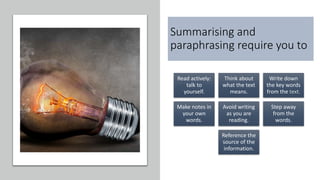 Pg summarising, paraphrasing and quoting one hour | PPTX