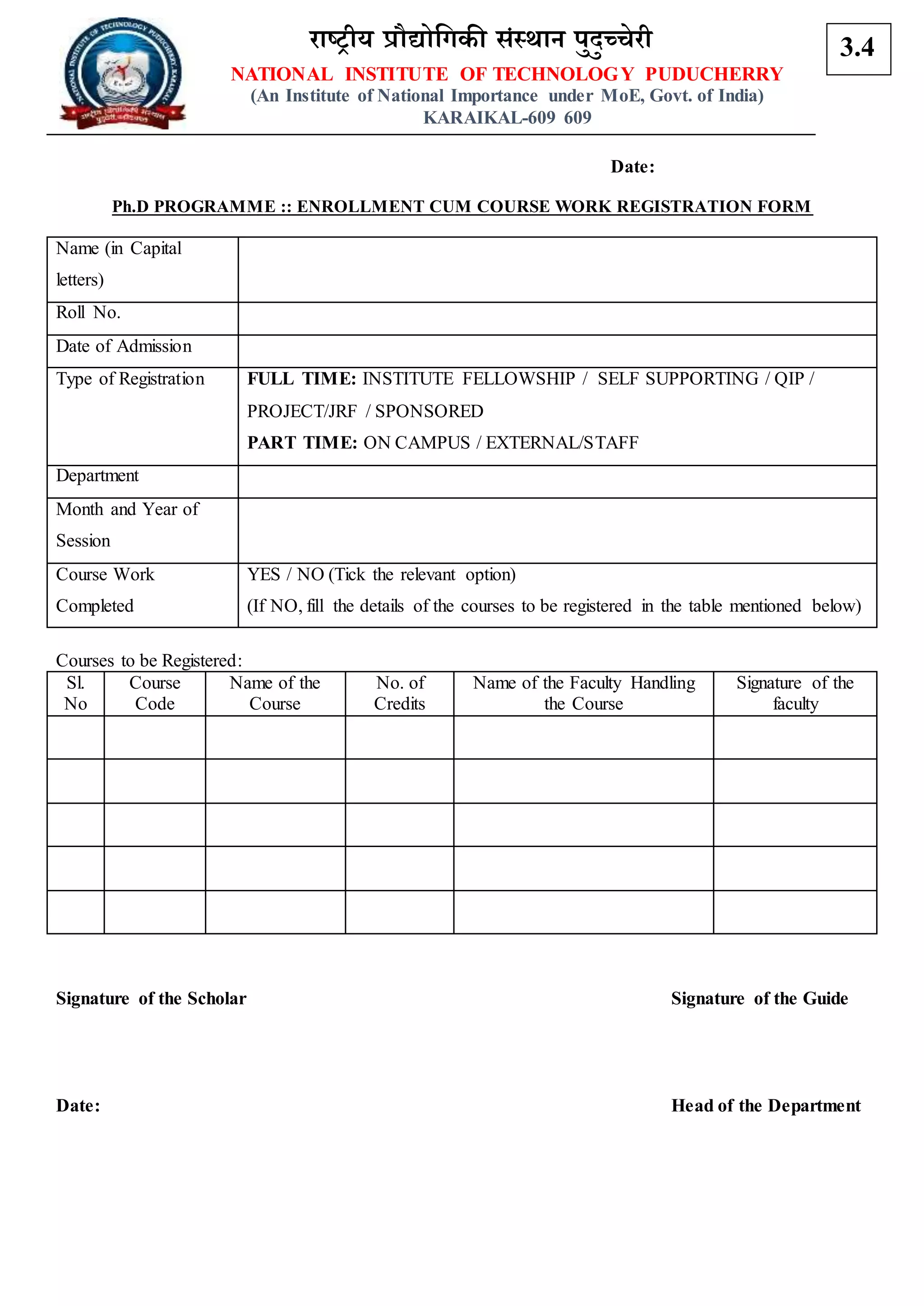 Ph.D. Enrollment cum Course work Registration form .doc