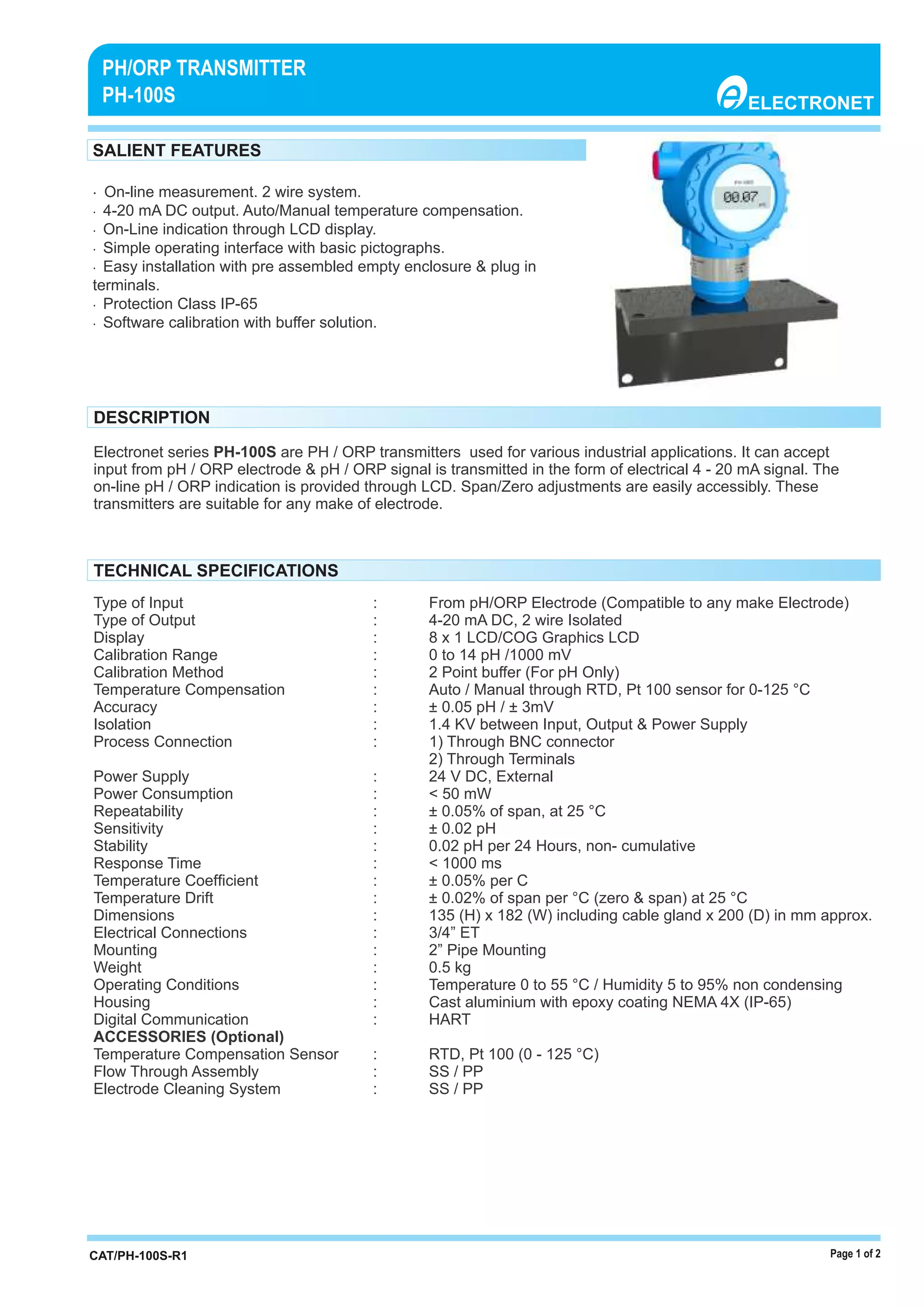 PH/ORP Transmitter PH-100S | PDF