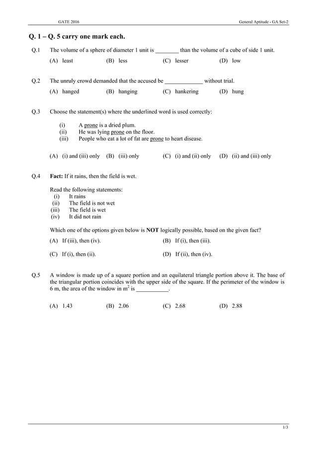 GATE - Graduate Aptitude Test in Engineering || Physics Question Paper ...
