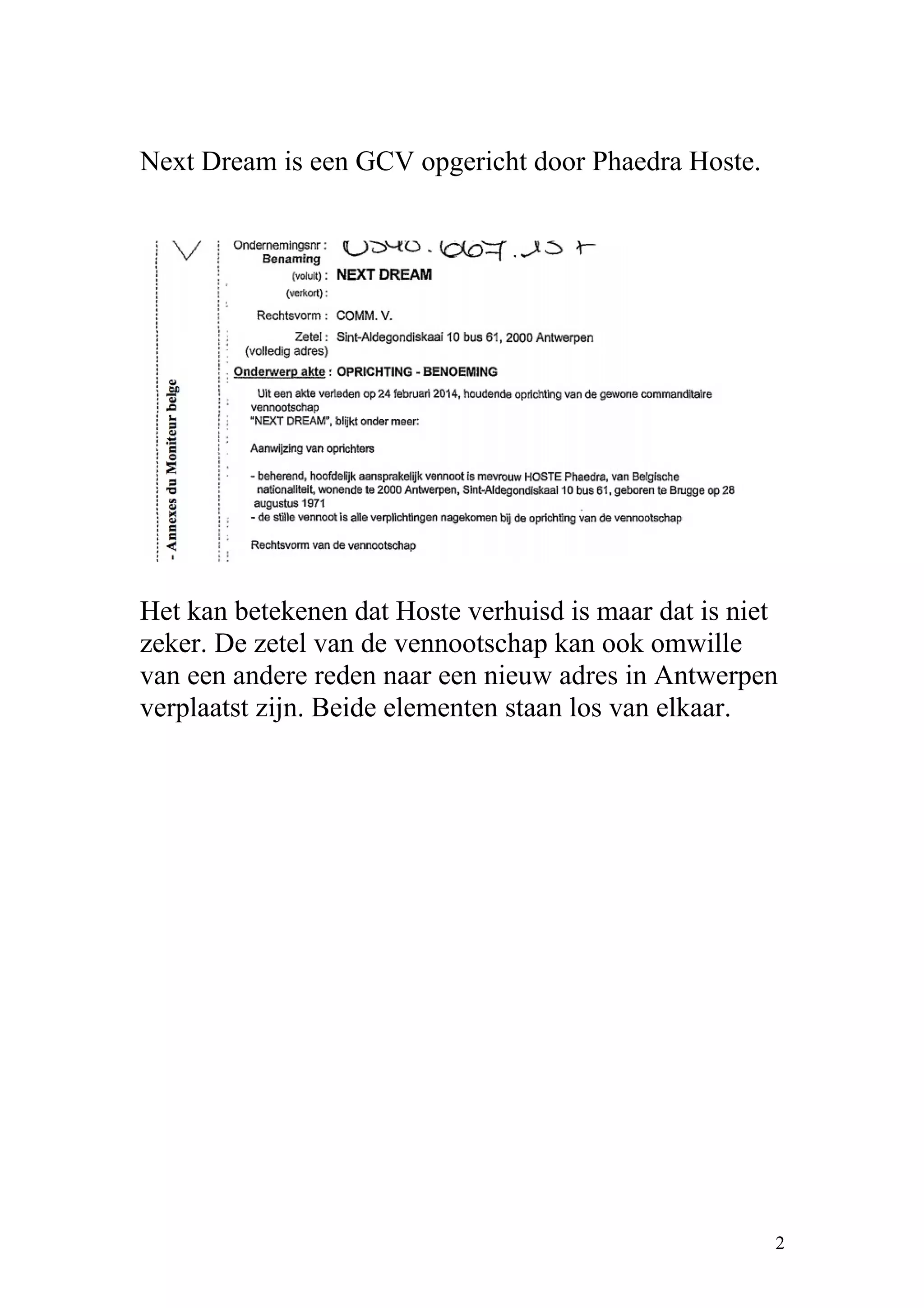 Phaedra Hoste verplaatst zetel vennootschap | DOC