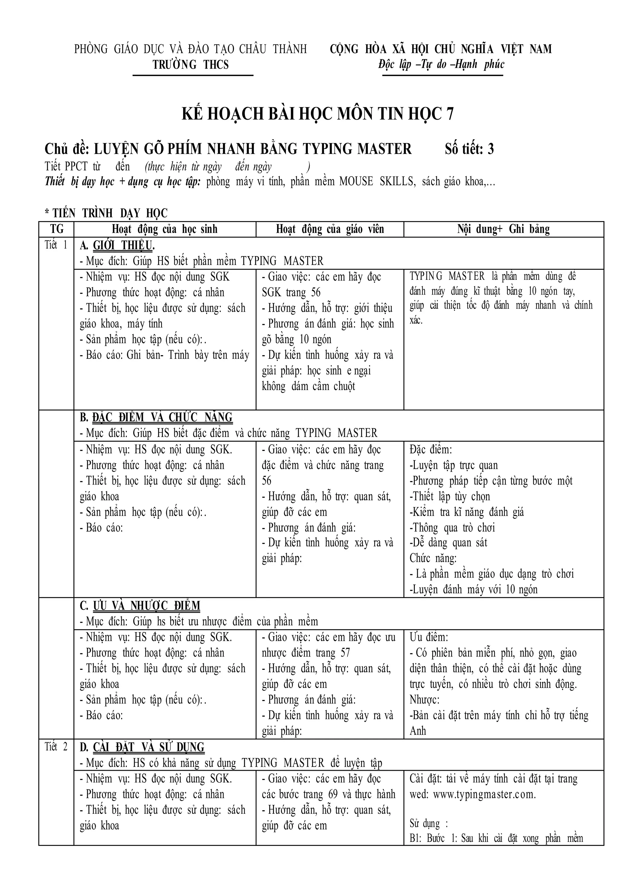 KẾ HOẠCH BÀI HỌC THEO CHỦ ĐỀ TIN 7 | CHỦ ĐỀ: LUYỆN GÕ PHÍM NHANH BẰNG TYPING MASTER | PDF