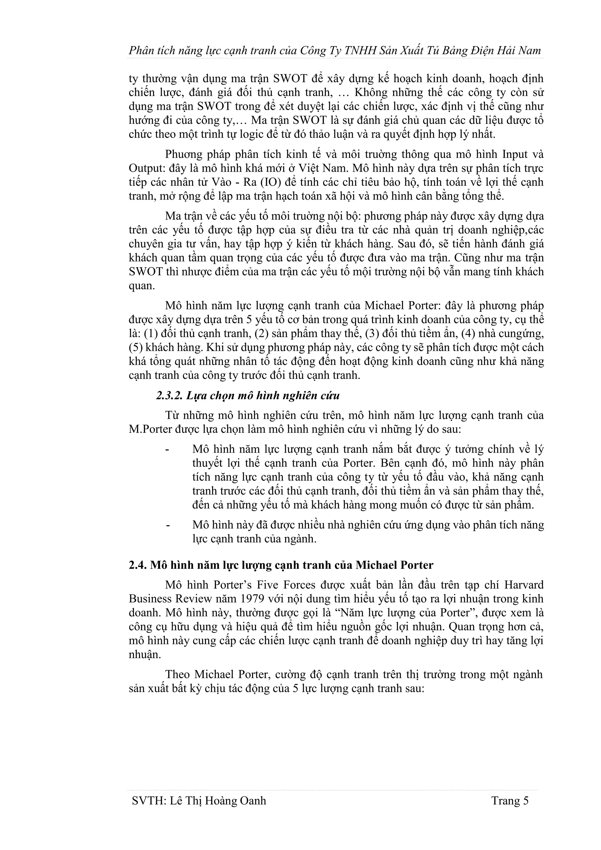 Phân tích năng lực cạnh tranh của Công Ty TNHH Sản Xuất Tủ Bảng Điện Hải Nam | DOCX