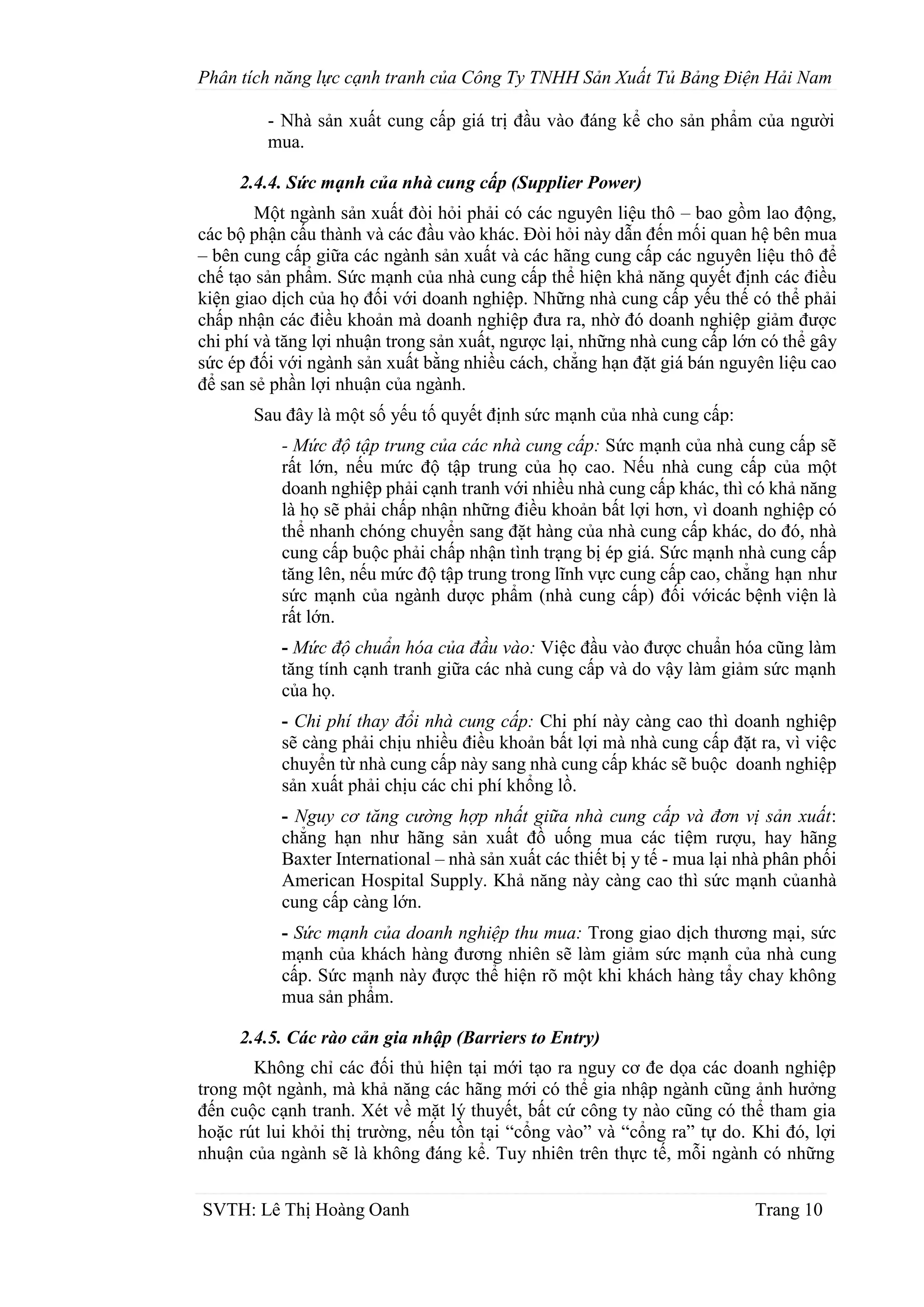 Phân tích năng lực cạnh tranh của Công Ty TNHH Sản Xuất Tủ Bảng Điện Hải Nam | DOCX