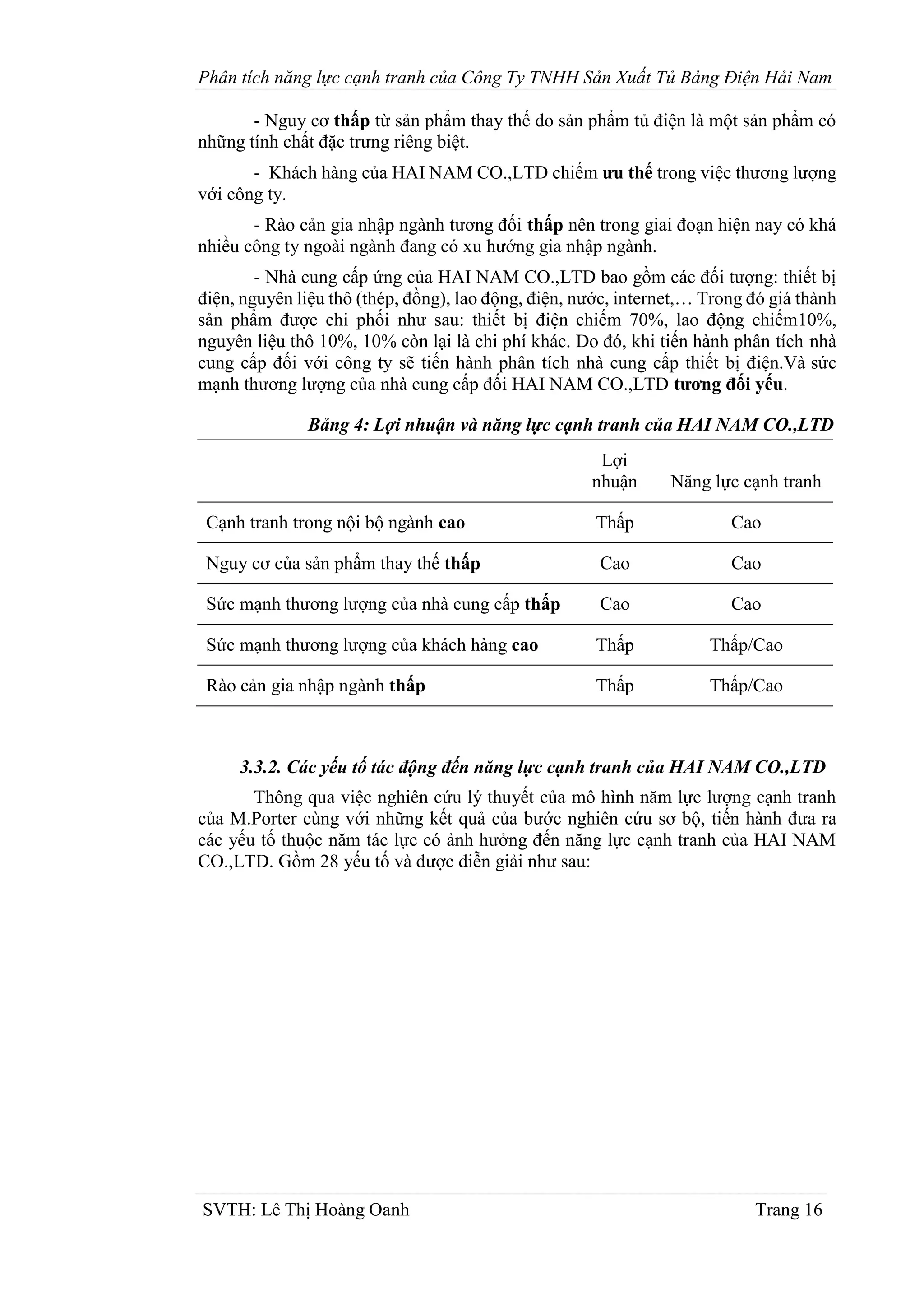 Phân tích năng lực cạnh tranh của Công Ty TNHH Sản Xuất Tủ Bảng Điện Hải Nam | DOCX
