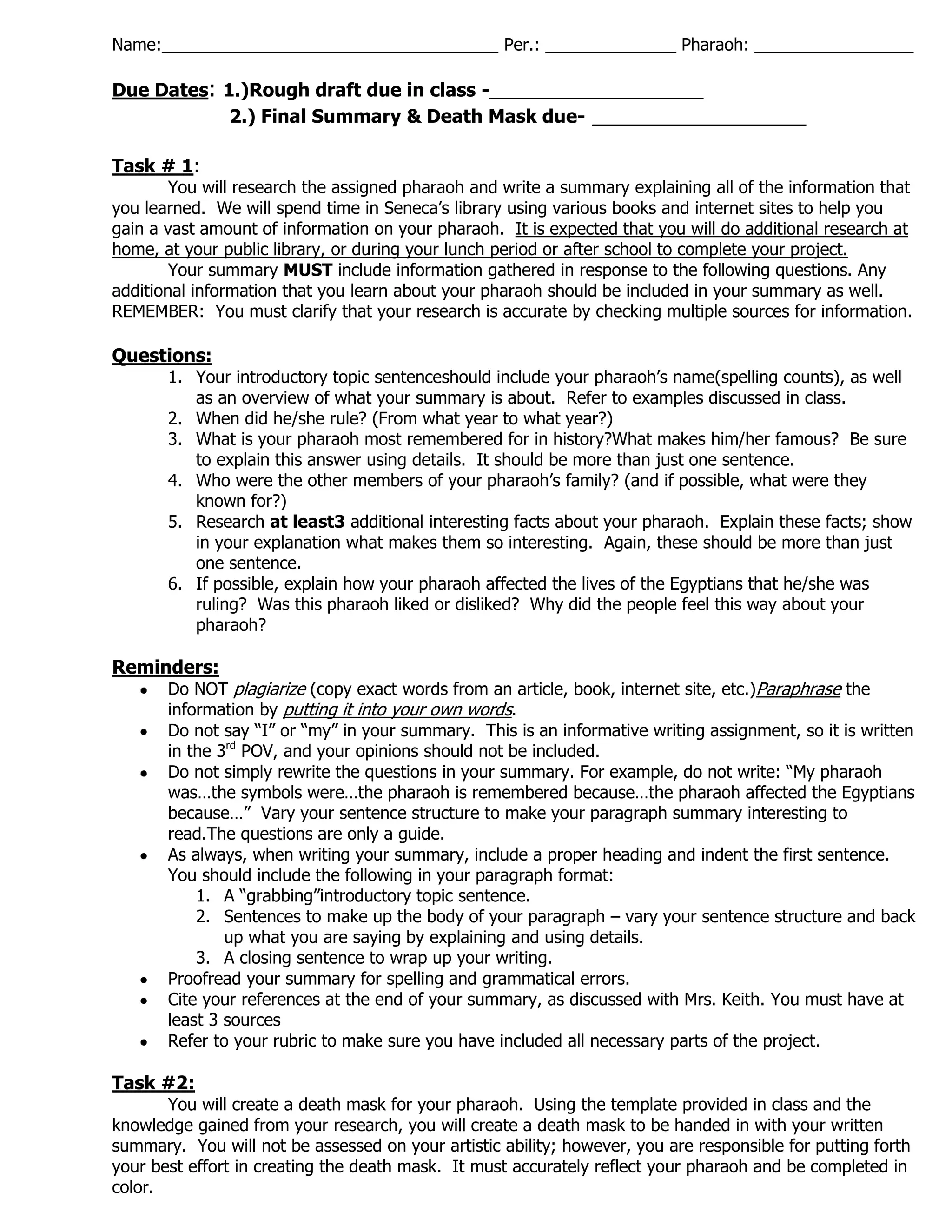 Pharaoh project directions and rubric 2013 | DOCX