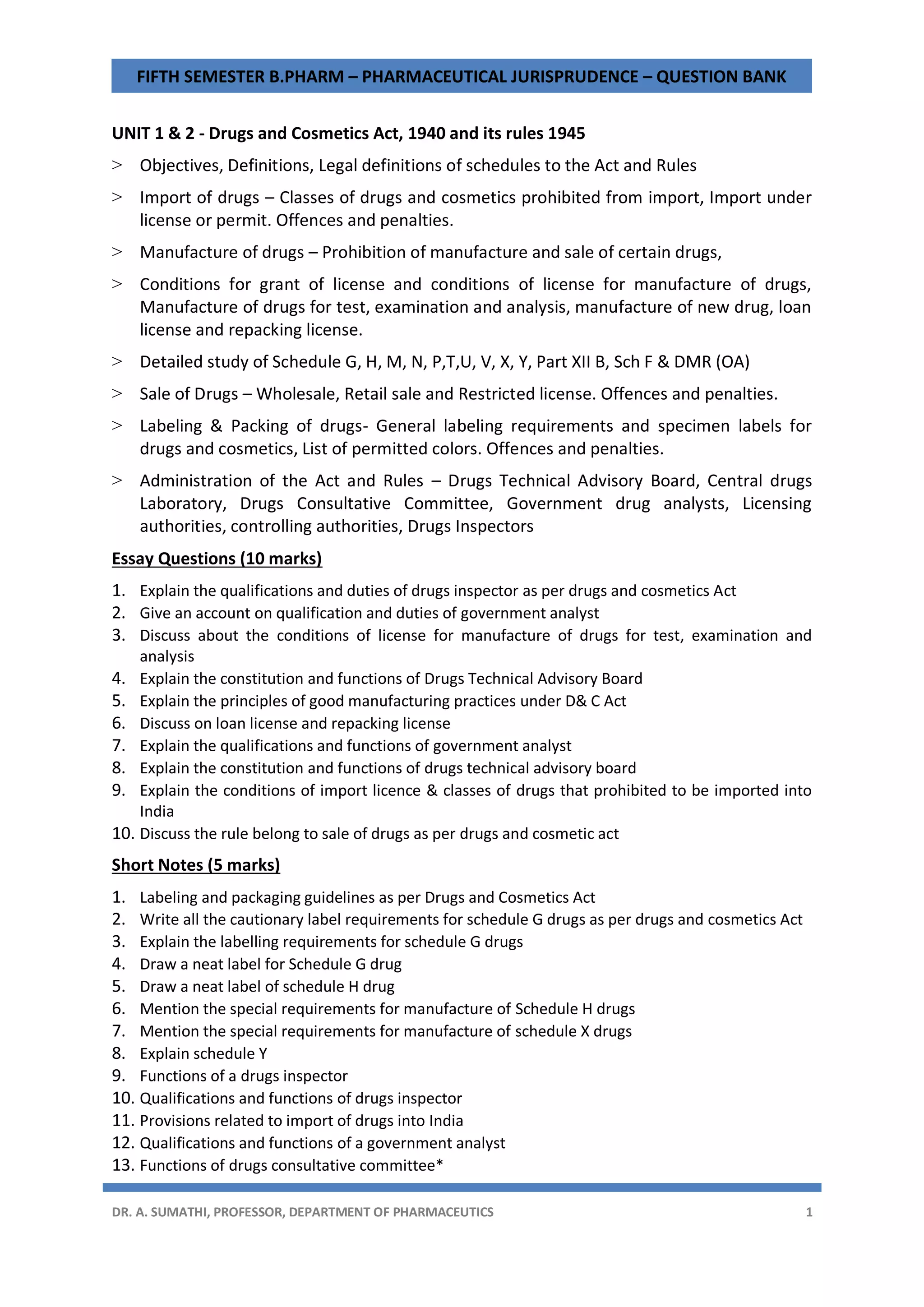 Dr. A. Sumathi - B.Pharm - Pharmaceutical Jurisprudence - Question Bank ...
