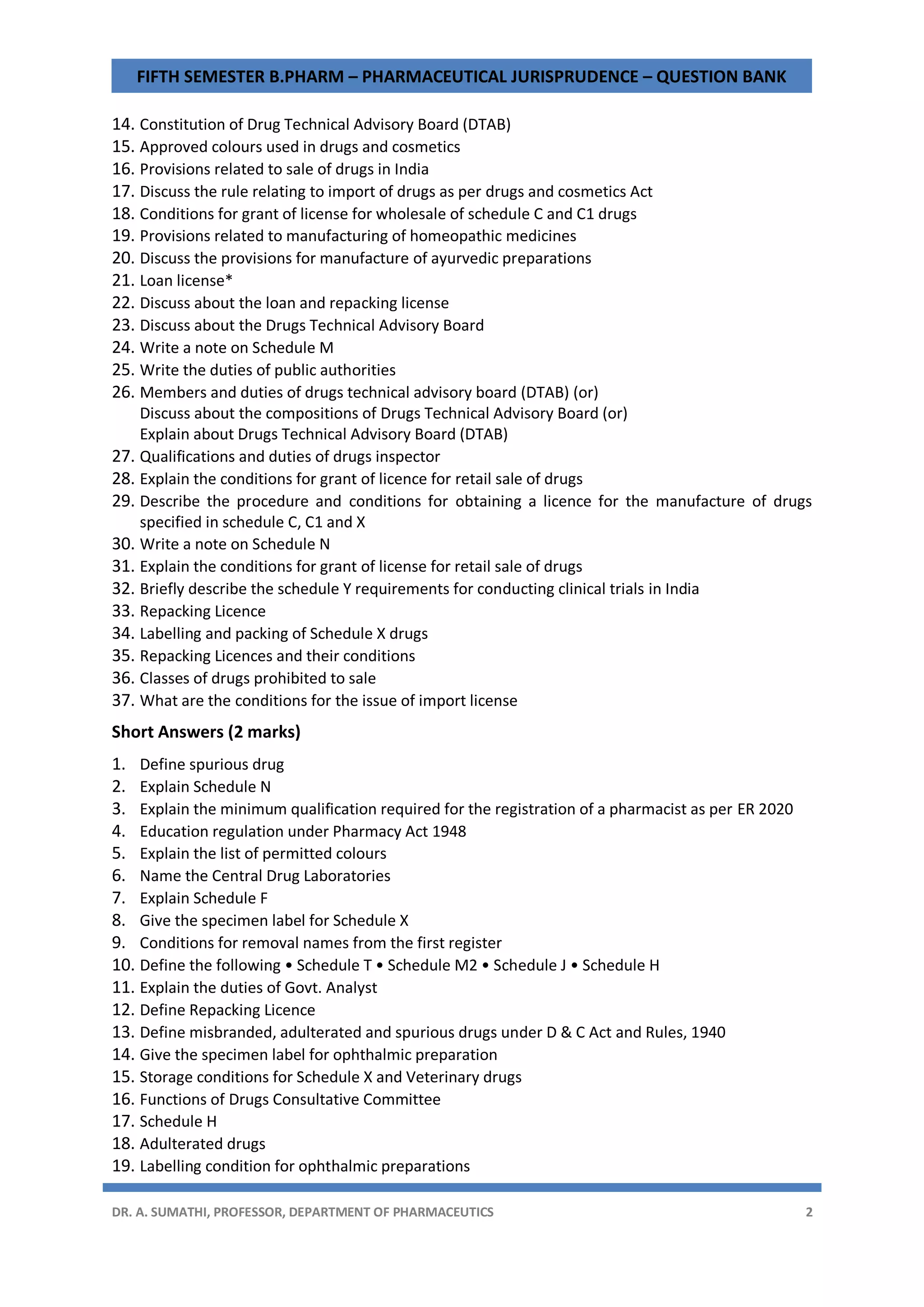 Dr. A. Sumathi - B.Pharm - Pharmaceutical Jurisprudence - Question Bank ...