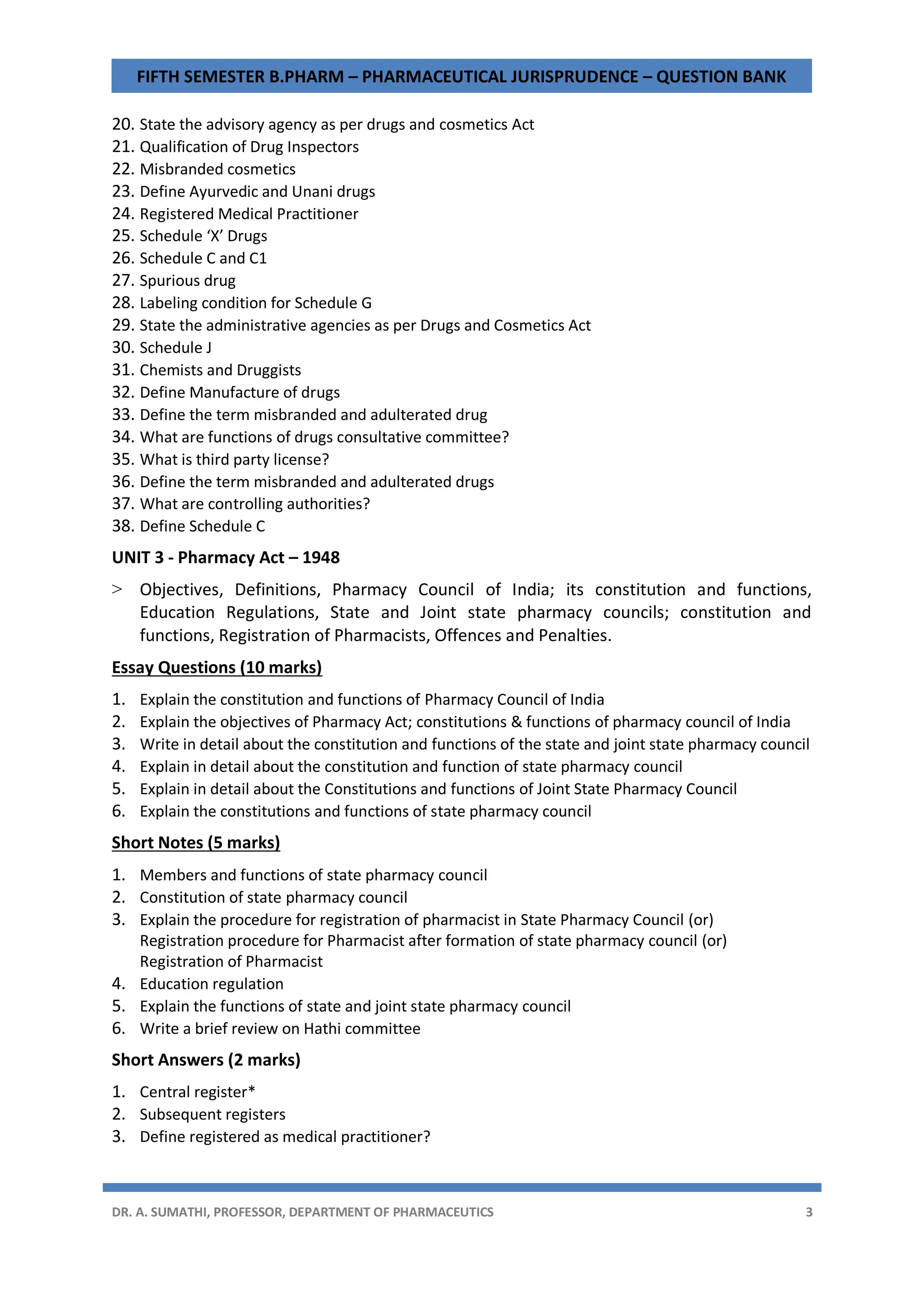 Dr. A. Sumathi - B.Pharm - Pharmaceutical Jurisprudence - Question Bank | PDF