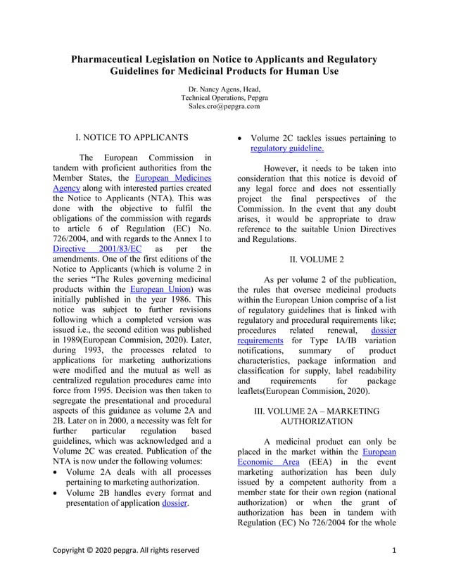 Pharmaceutical legislation on notice to applicants and regulatory ...