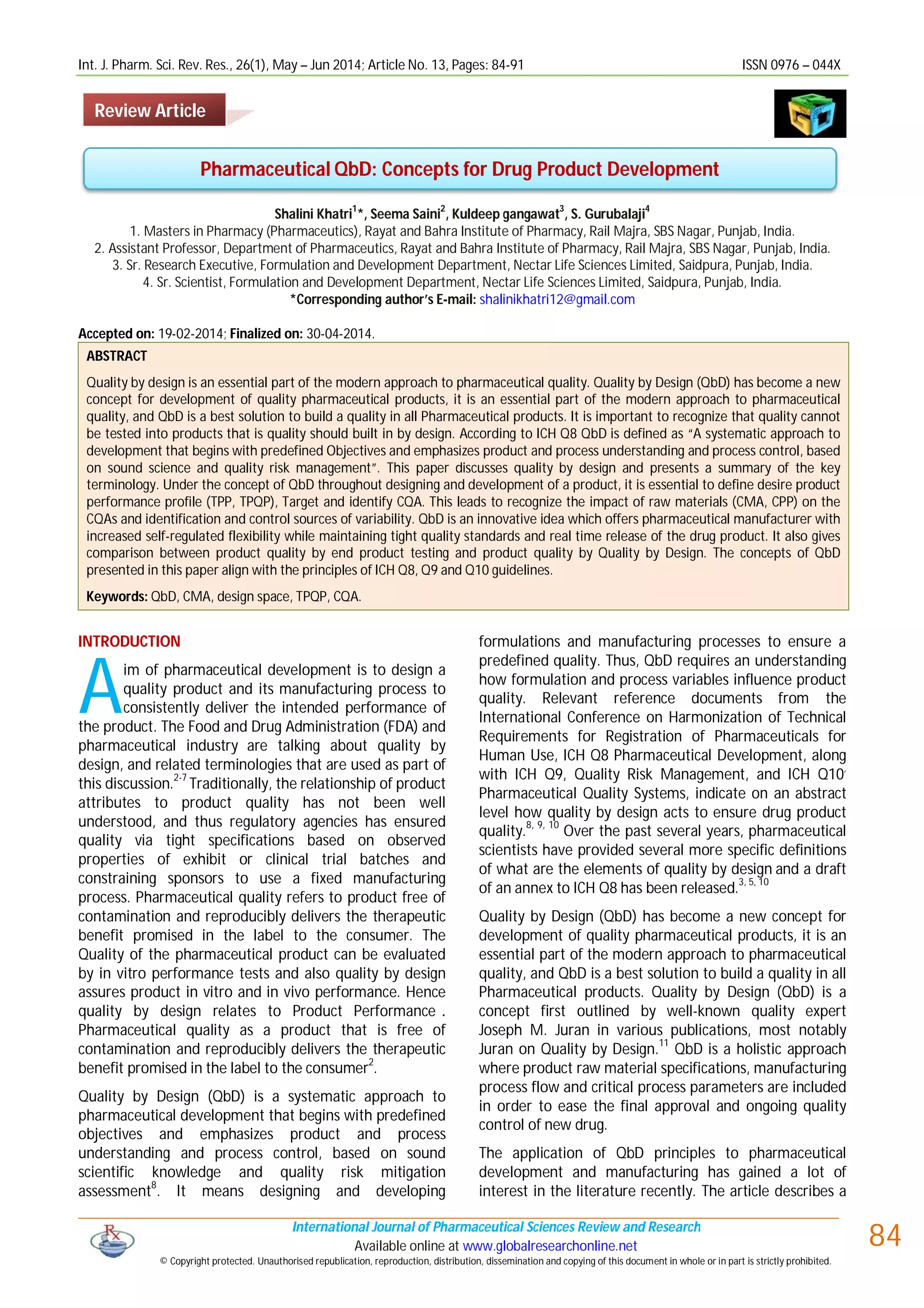 Pharmaceutical QbD concepts for drug development | PDF