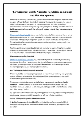 Pharmaceutical Quality Audits for Regulatory Compliance and Risk ...