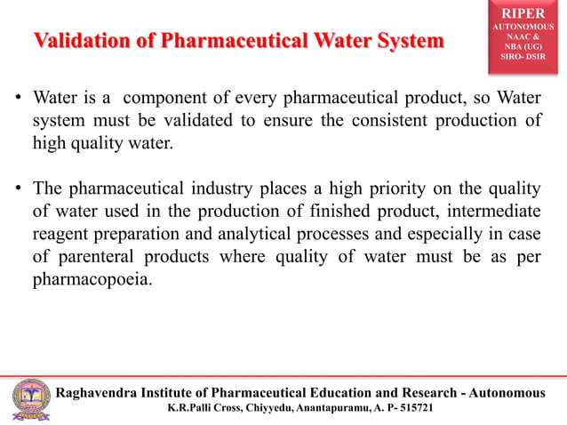 Pharmaceutical validation of water system | PPTX | Pharmaceutical ...