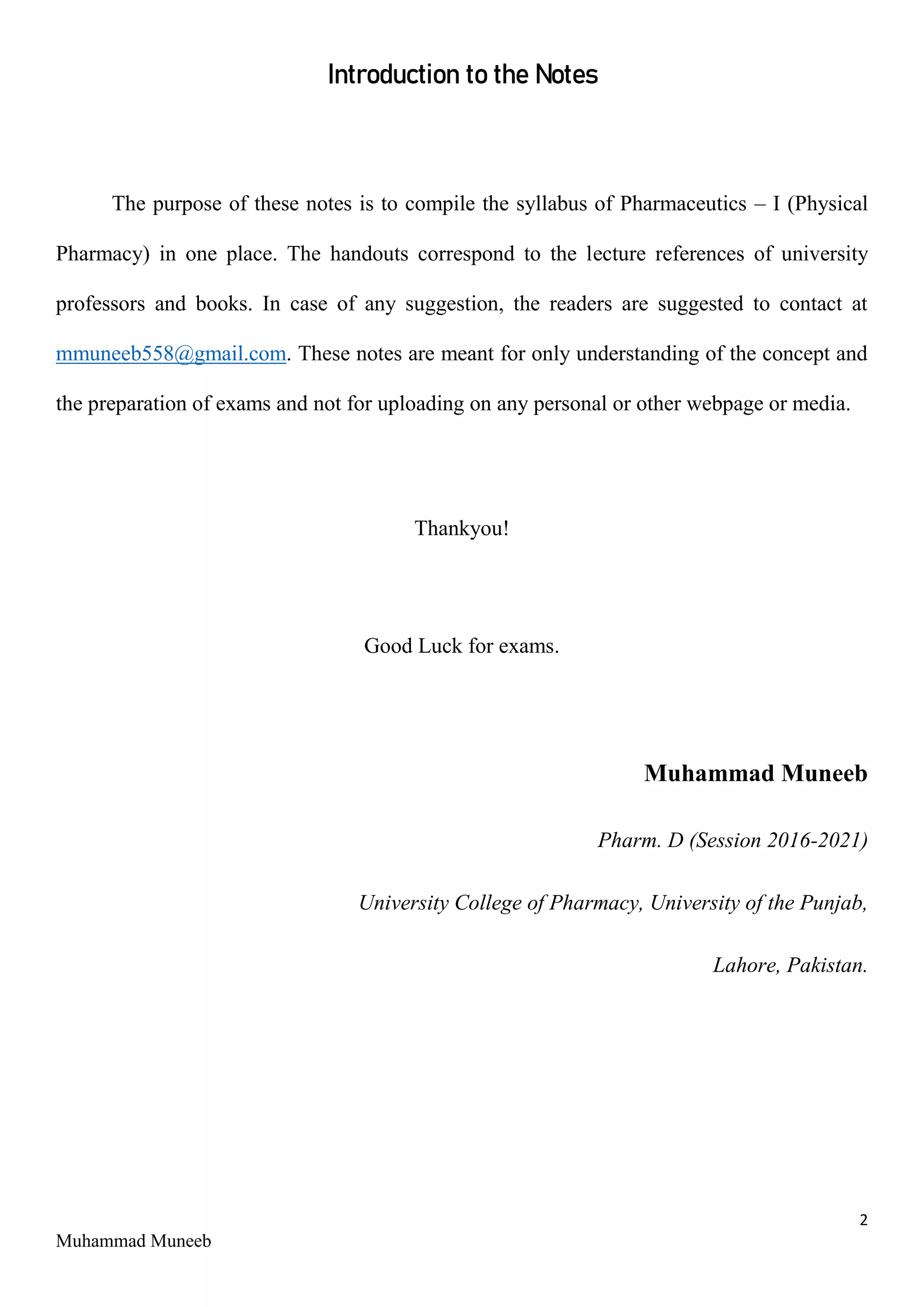 Pharmaceutics I (Physical Pharmacy) complete notes by Muhammad Muneeb | PDF