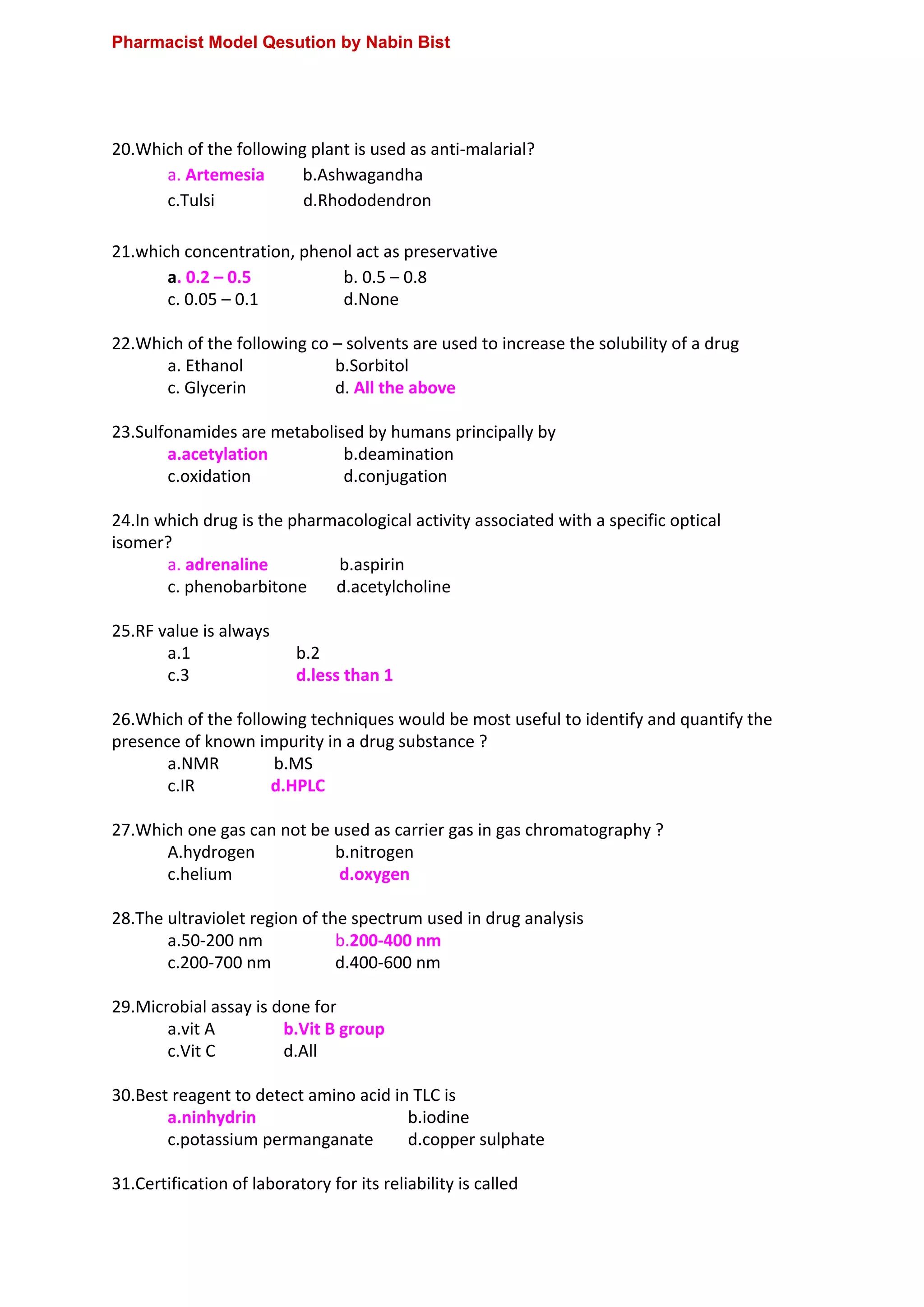 Pharmacist model Question Based on NPC Syllabus | PDF