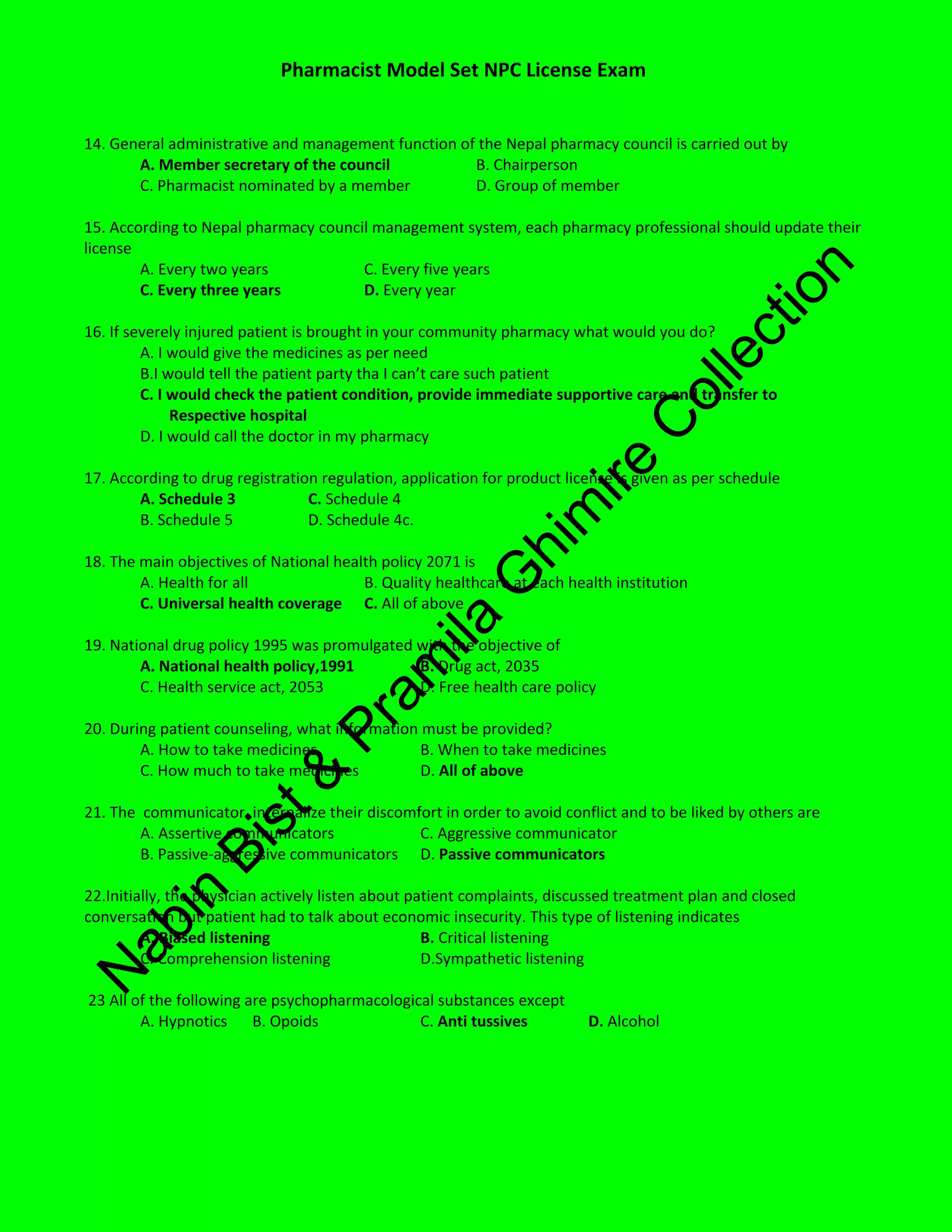 Nepal Pharmacy Council License Exam Model set II (Pharmacist) | PDF
