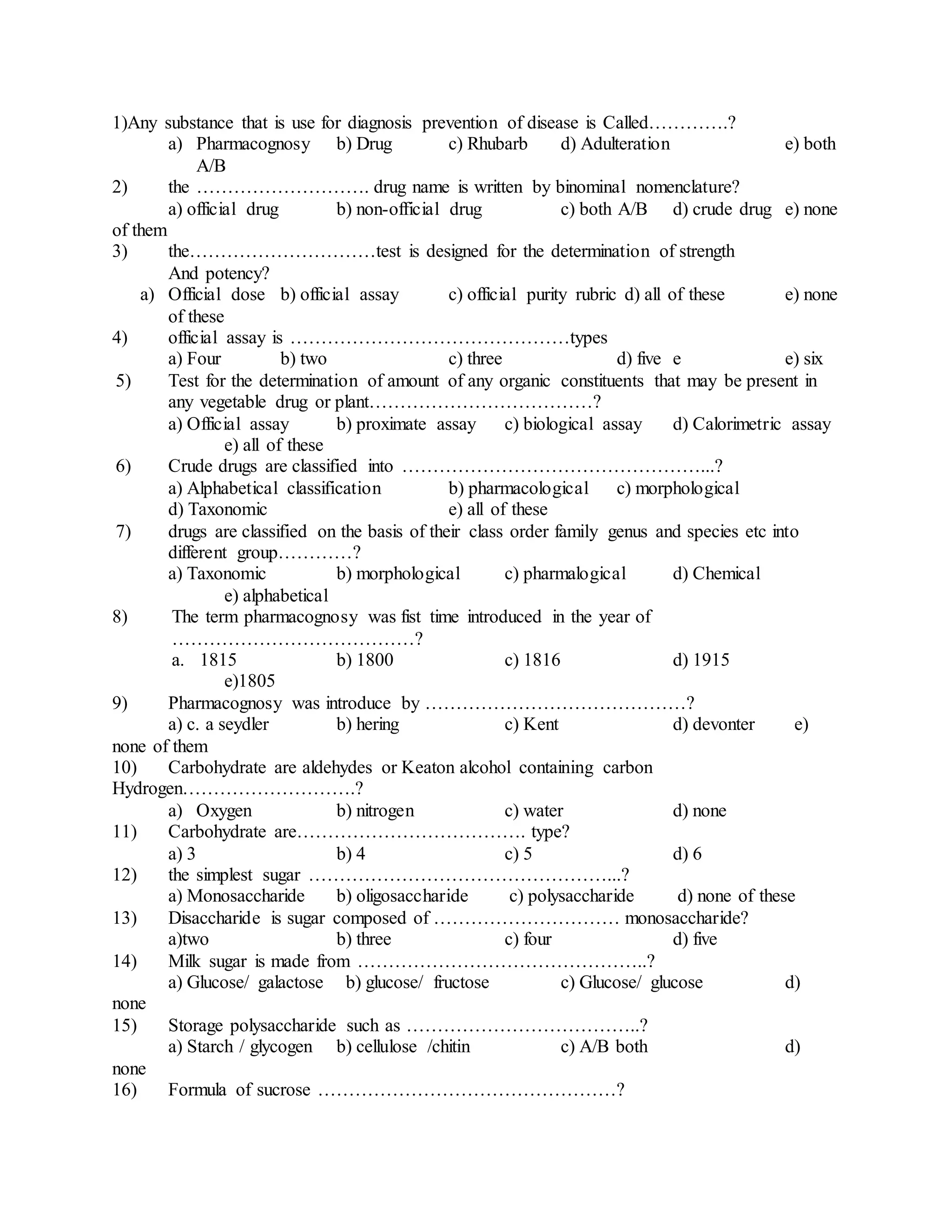 Pharmacognocy 5th sem with key | DOCX