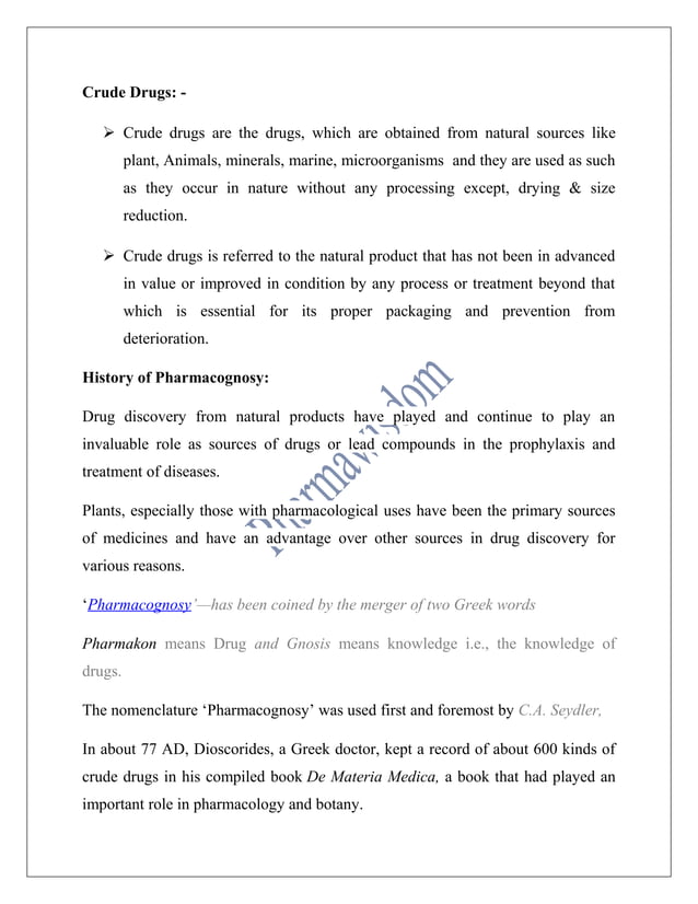 INTRODUCTION TO PHARMACOGNOSY AND SCOPE OF PHARMACOGNOSY | DOC