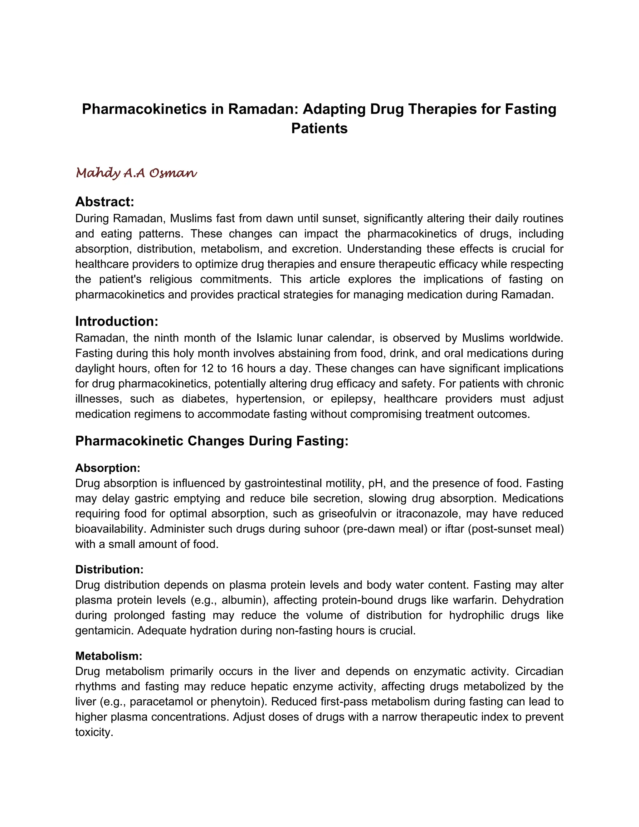 Pharmacokinetics in Ramadan Adapting Drug Therapies for Fasting ...