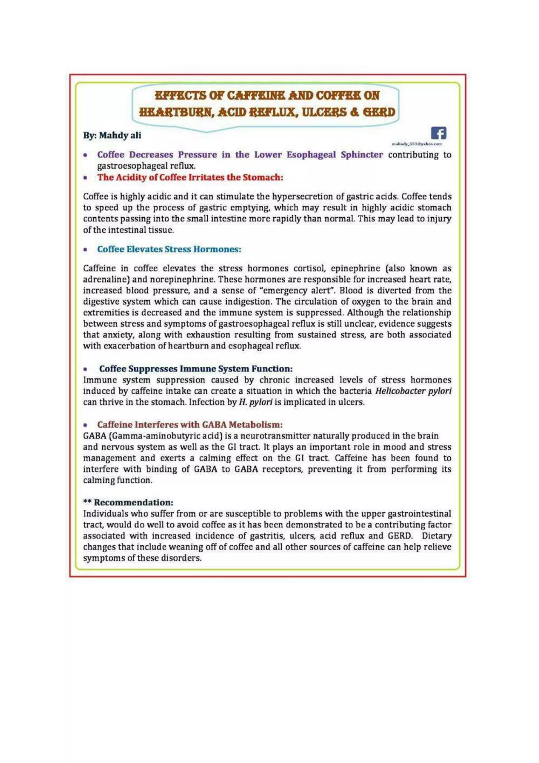 Effects of caffeine and coffee on Peptic Ulcer & GERD | PDF