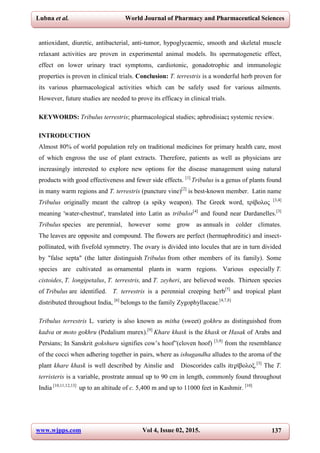 PHARMACOLOGICAL ACTIVITIES OF TRIBULUS TERRESTRIS LINN: A SYSTEMIC ...