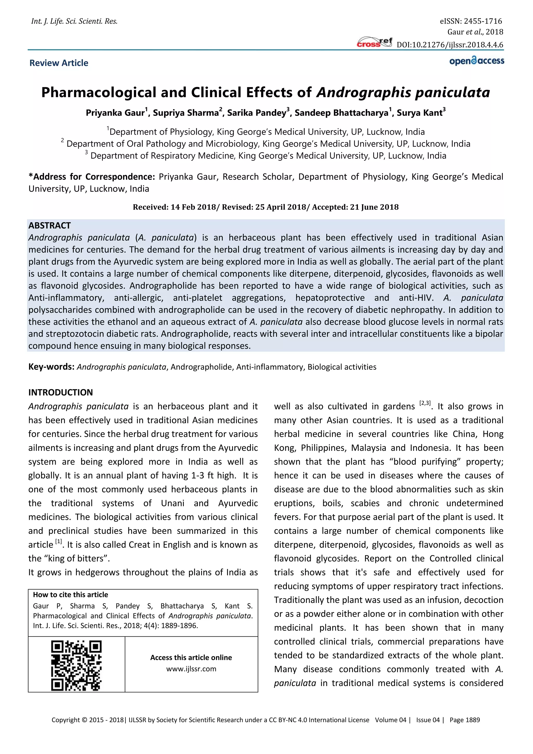 Pharmacological and Clinical Effects of Andrographis paniculata | PDF