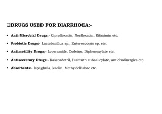 Pharmacology SHORT NOTE ON DRUGS FOR DIARRHOEA | PDF