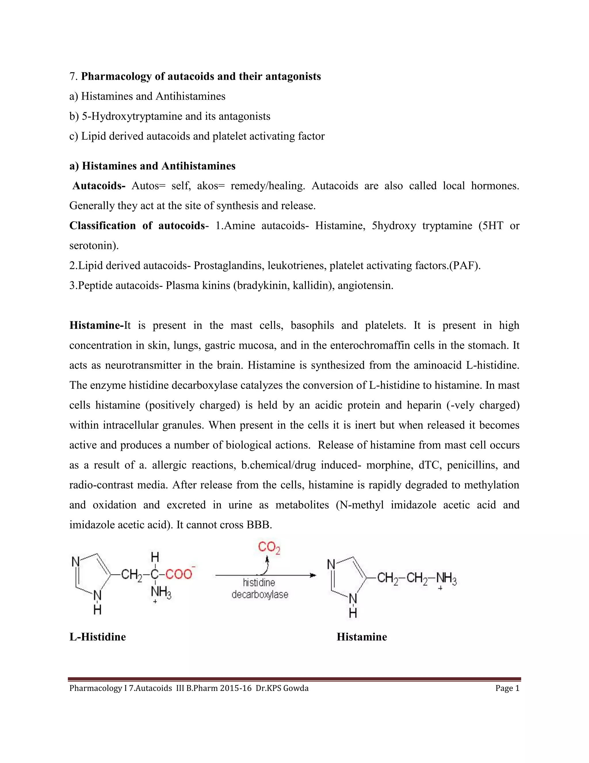 Pharmacology of autacoids | PDF
