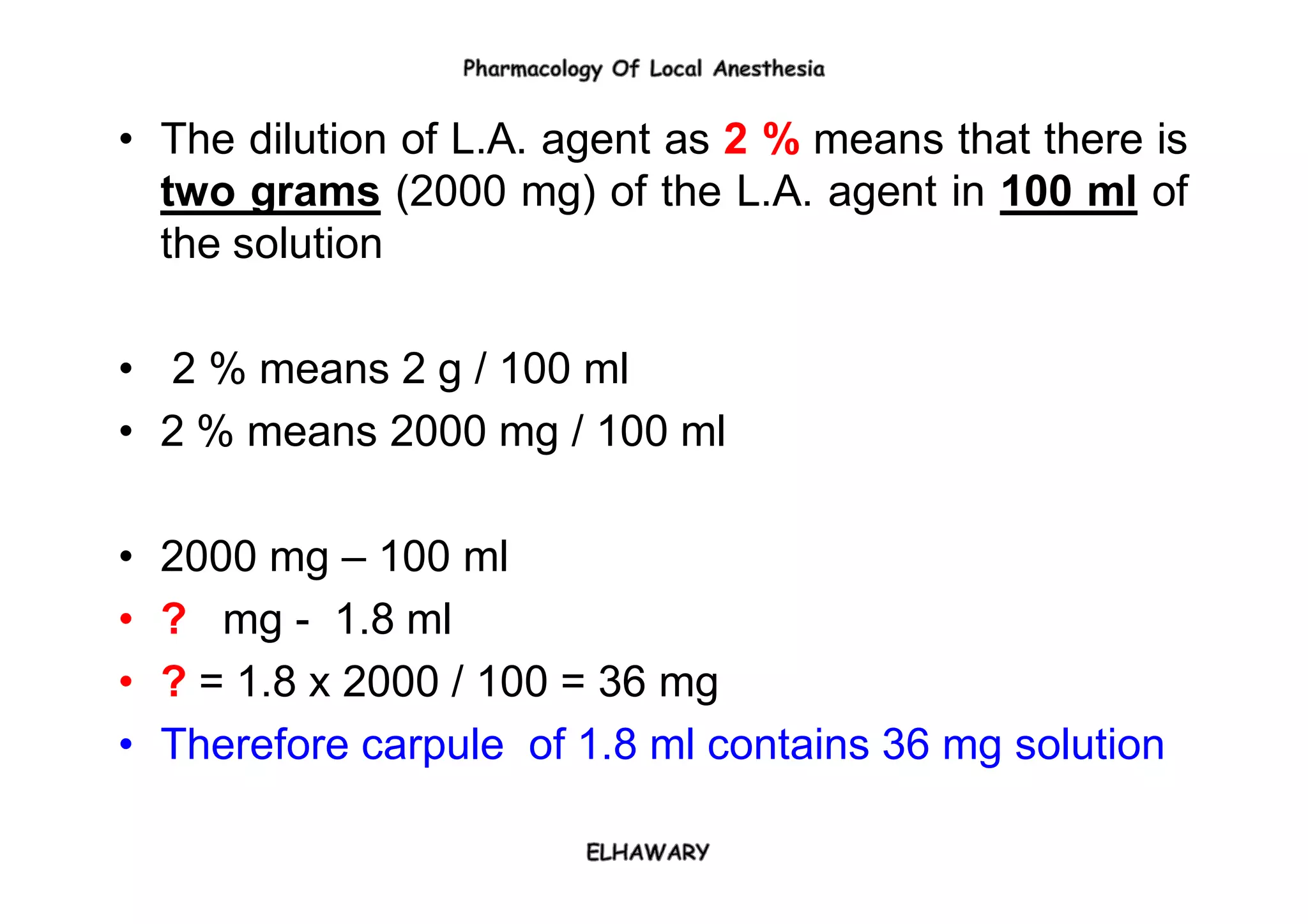 Contents of the dental carpule - Pharmacology of local anesthesia | PDF