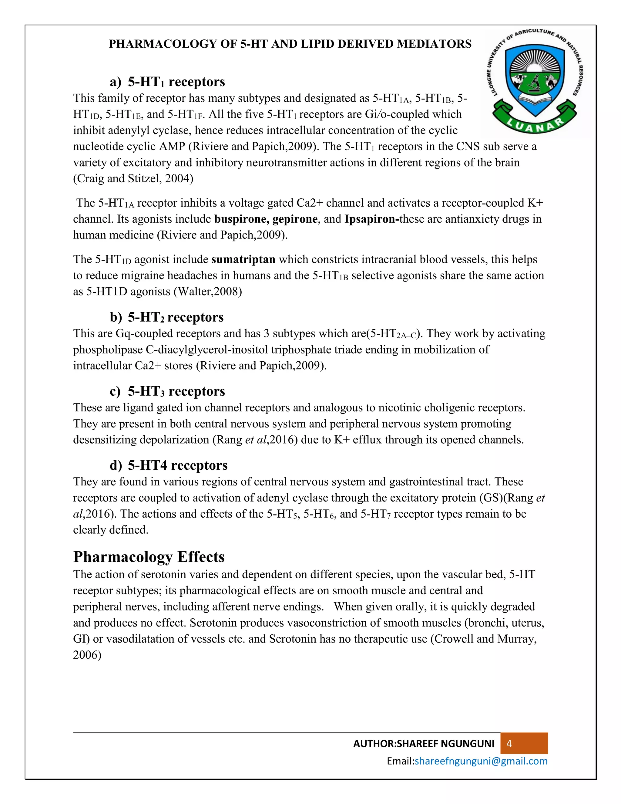 Pharmacology of serotonin | PDF