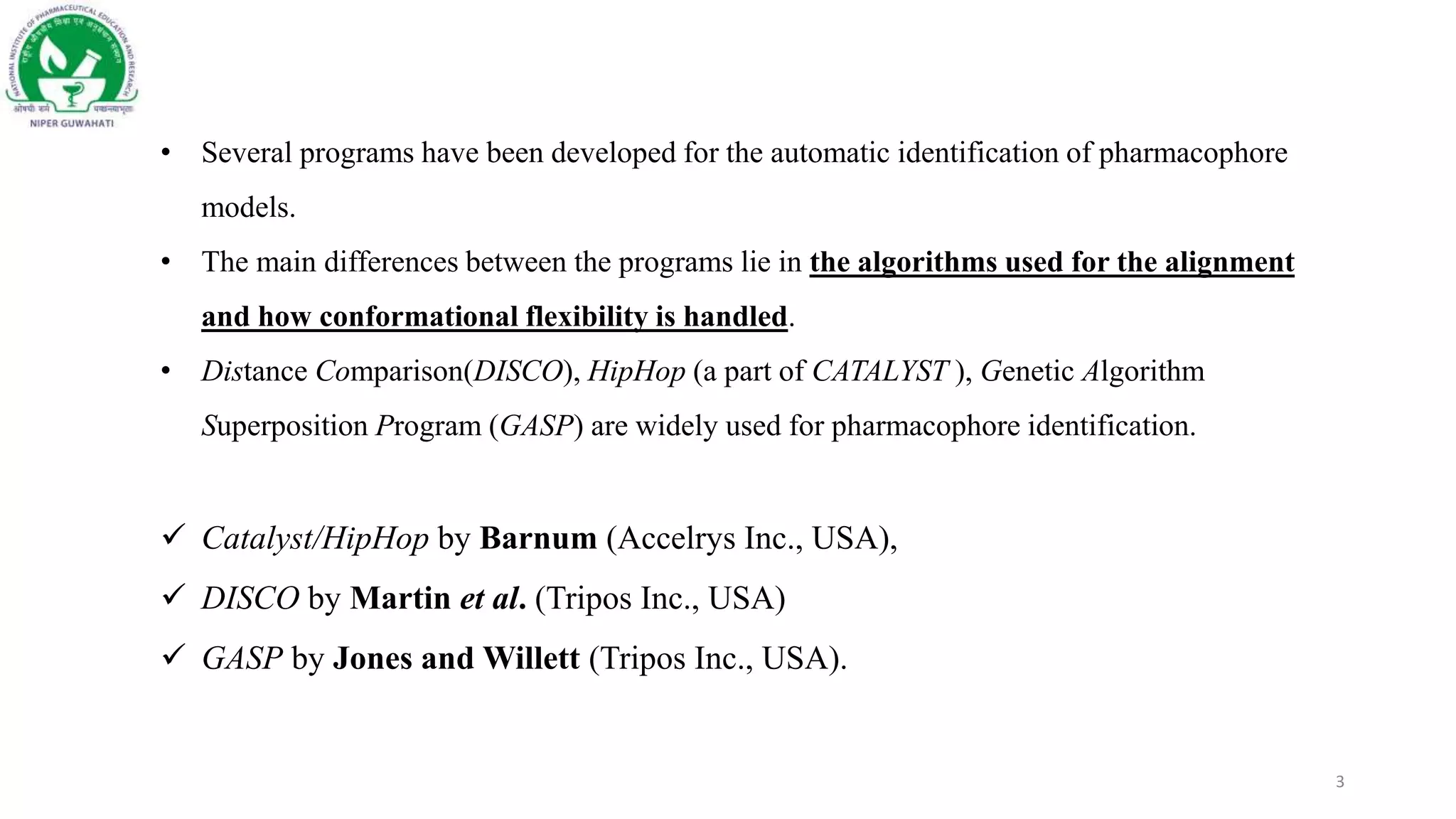 Pharmacophore Identification Programs.pptx | Computer Software and Applications | Computing