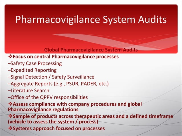 Audit in Pharmacovigilance | PPT | Pharmaceutical Drugs | Medical Health