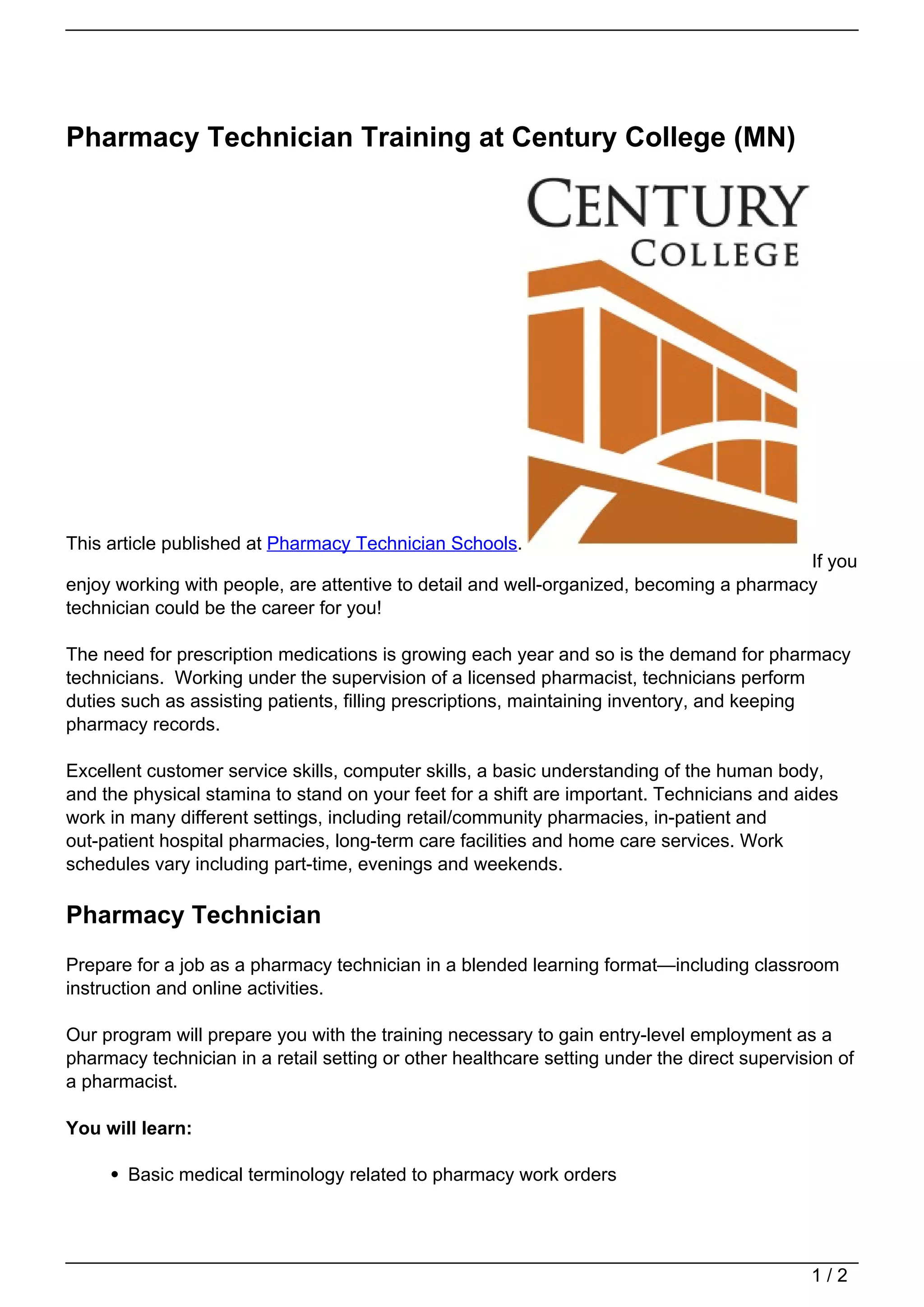 Pharmacy Technician Training at Century College (MN) | PDF