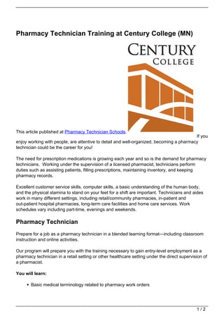 Pharmacy Technician Training at Century College (MN) | PDF