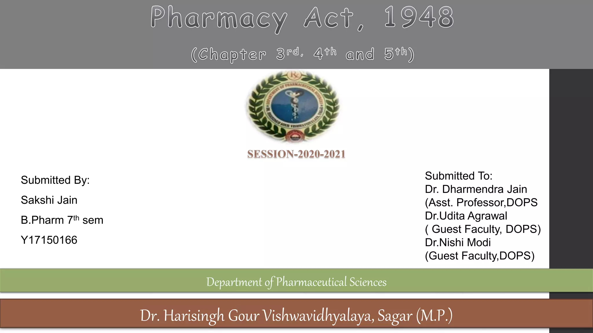 Pharmacy act,(SPCI) 1948 sakshi jain ppt 7 th sem | PPT